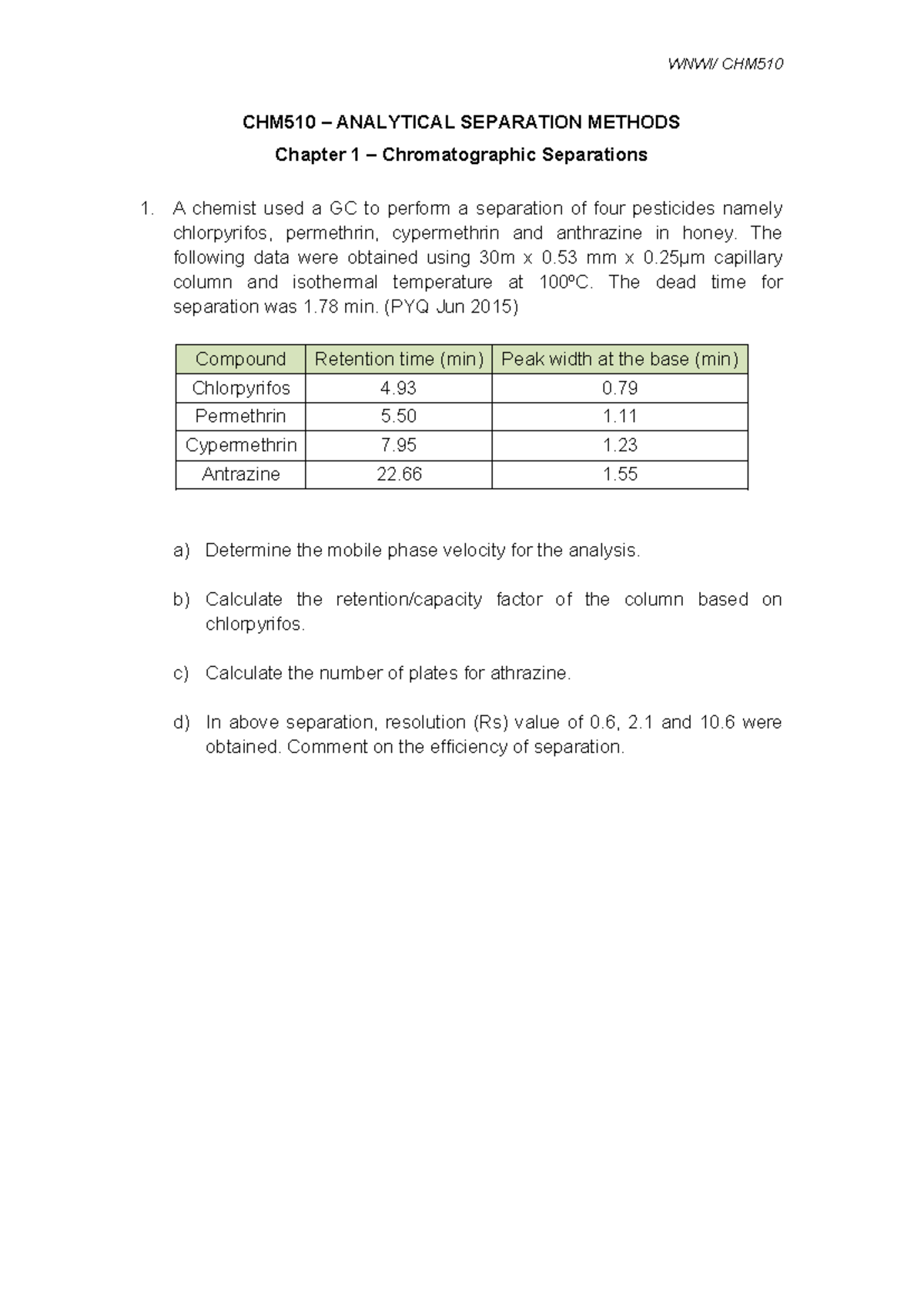 Exercise Chapter 1 - Q - Tutorial - WNWI/ CHM CHM510 – ANALYTICAL SEPARATION METHODS Chapter 1 ...
