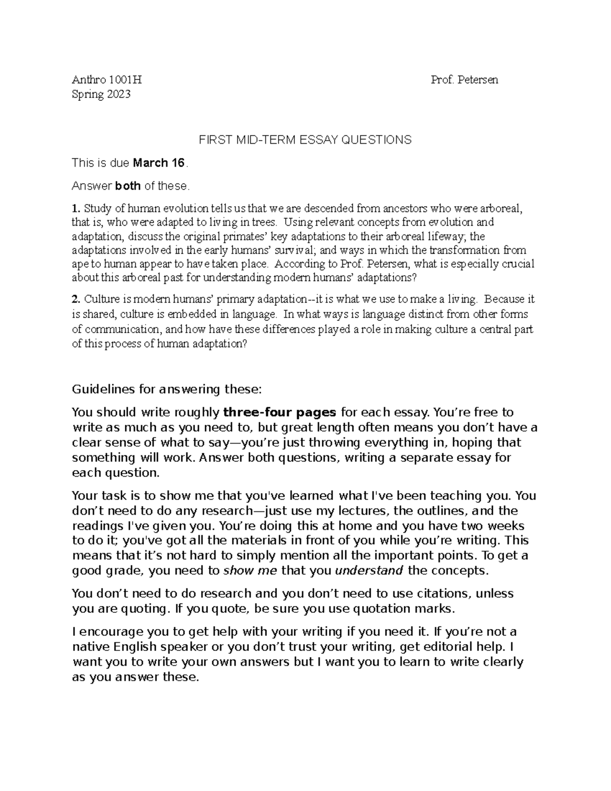 1st midtrm - Midterm - Anthro 1001H Prof. Petersen Spring 2023 FIRST ...