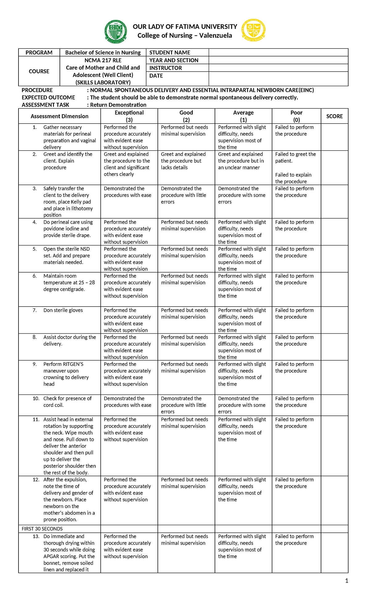 Rubrics NSD and EINC 2024 - OUR LADY OF FATIMA UNIVERSITY College of ...