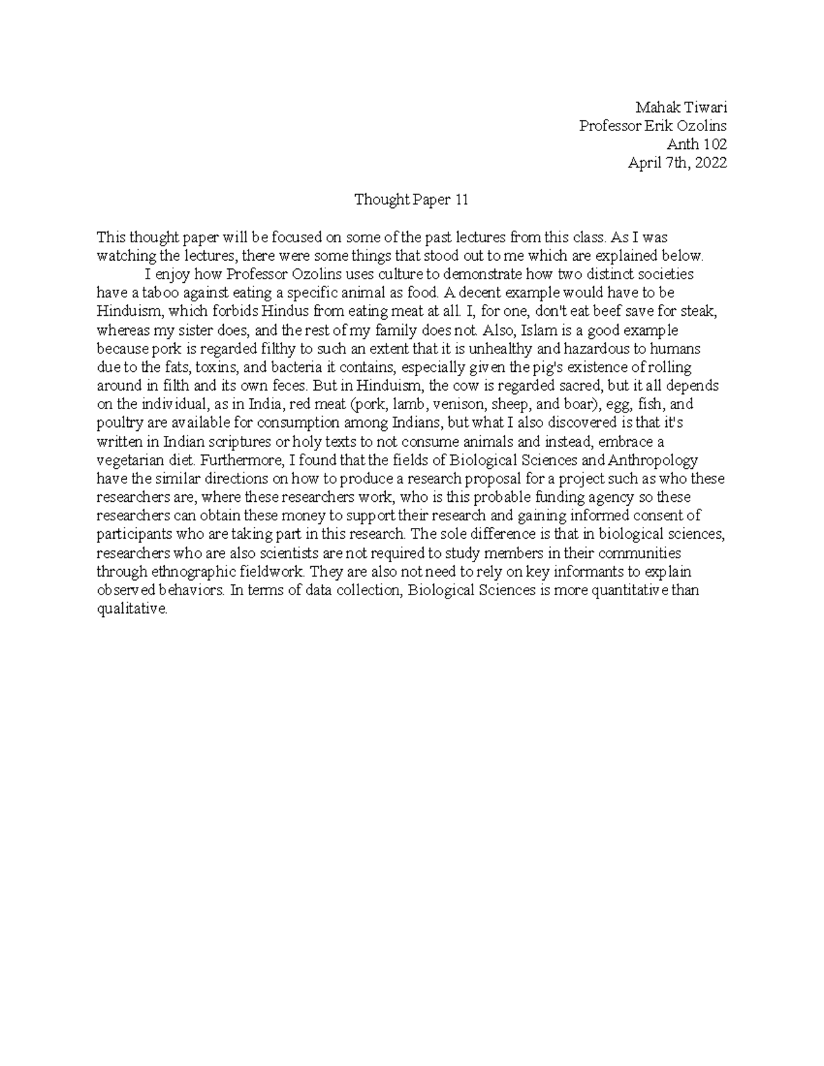 TP 11 MT - Thought Paper 11 - Mahak Tiwari Professor Erik Ozolins Anth ...