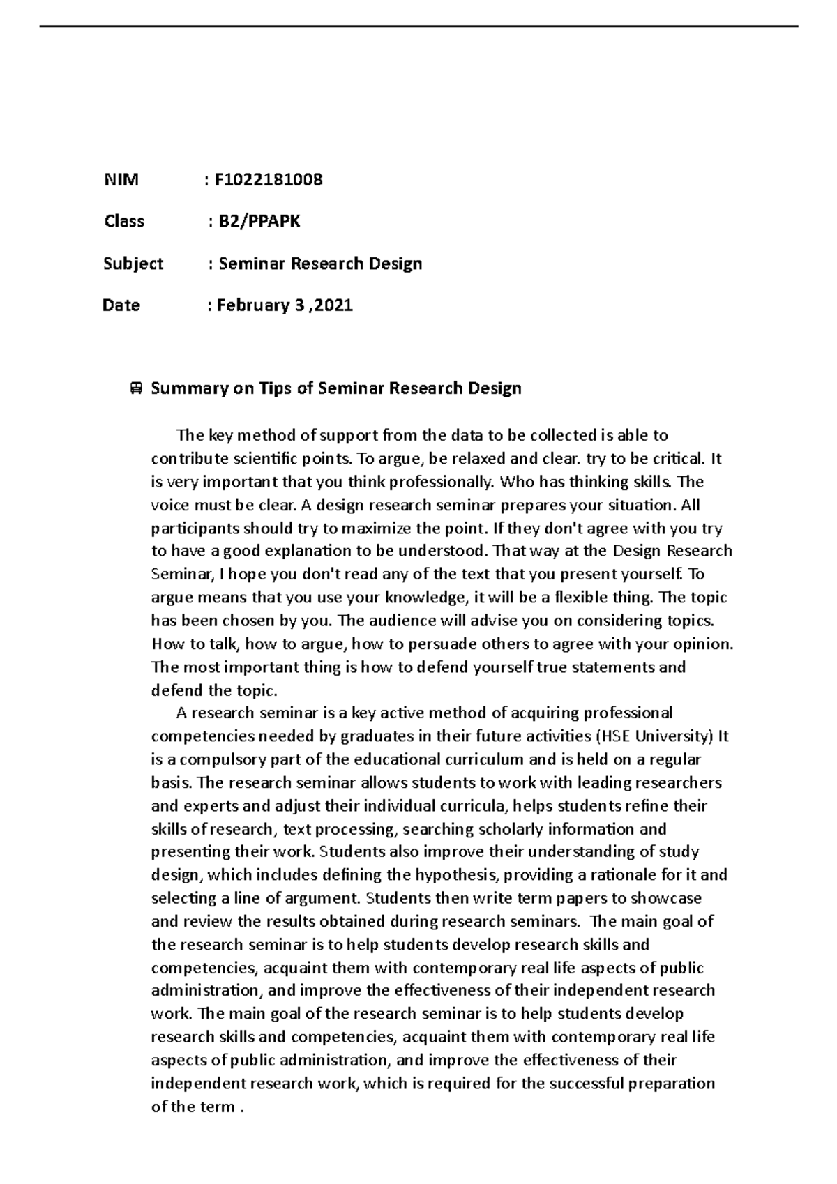 Summary on tips of Seminar Research Design - To argue, be relaxed and ...