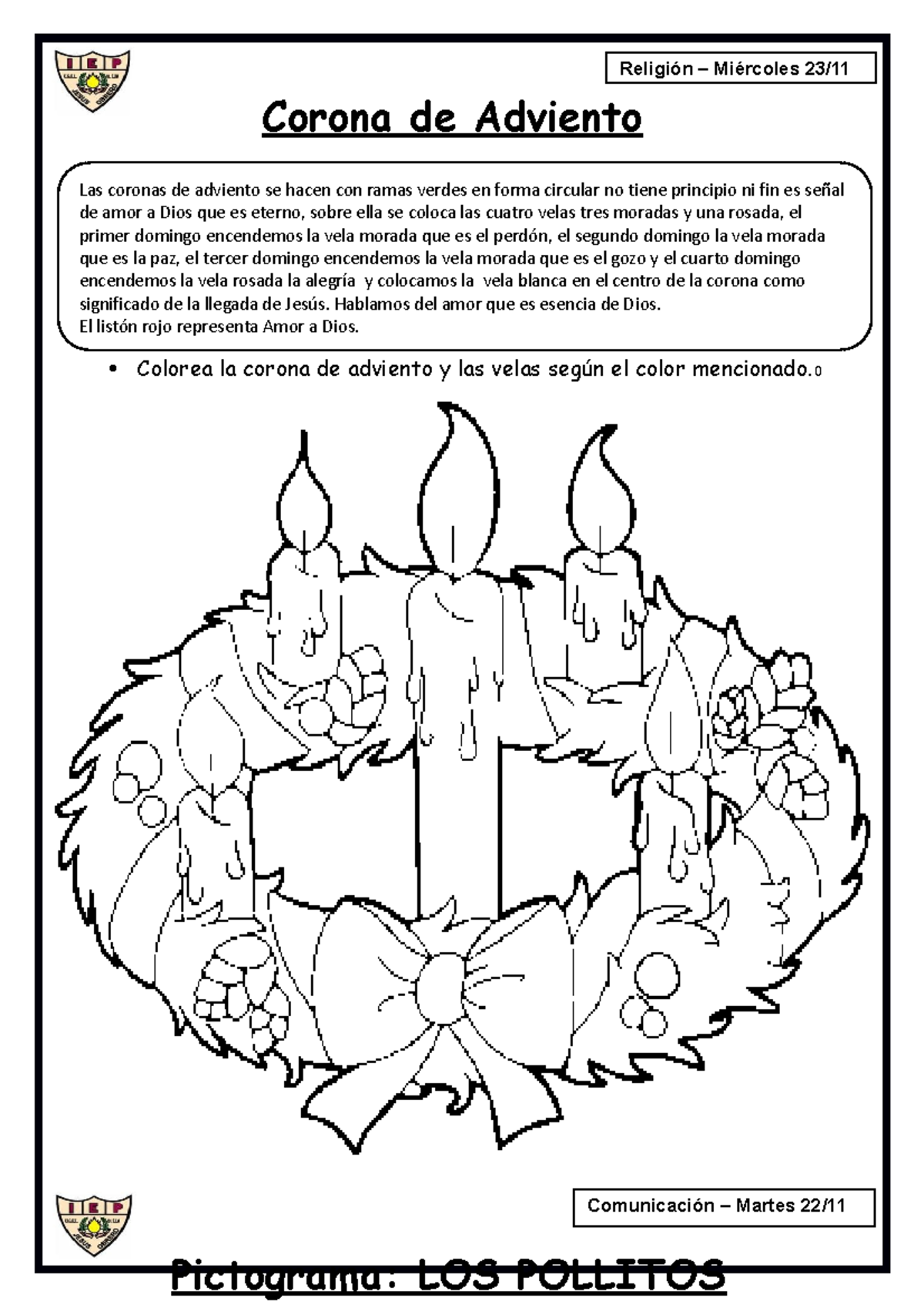 Hojas de aplicacion Noviembre I - Colorea la corona de adviento y las ...