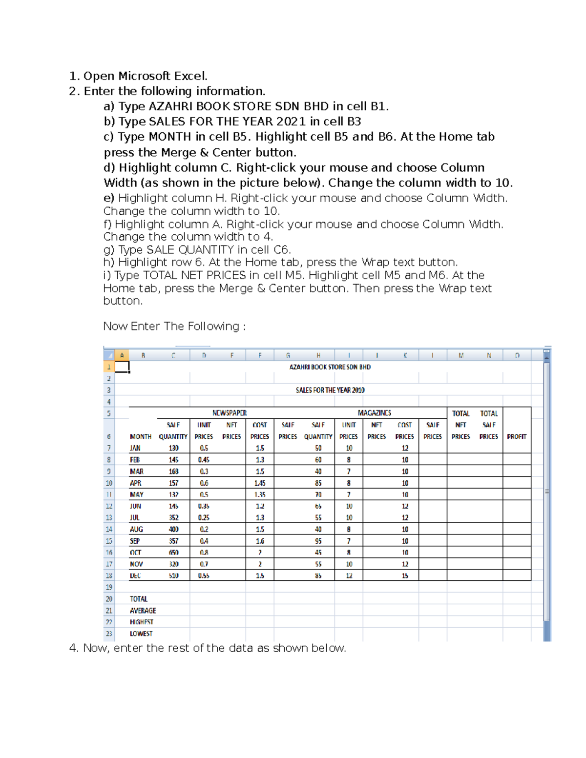 Excel activity 1 - Open Microsoft Excel. Enter the following information. a) Type AZAHRI BOOK ...