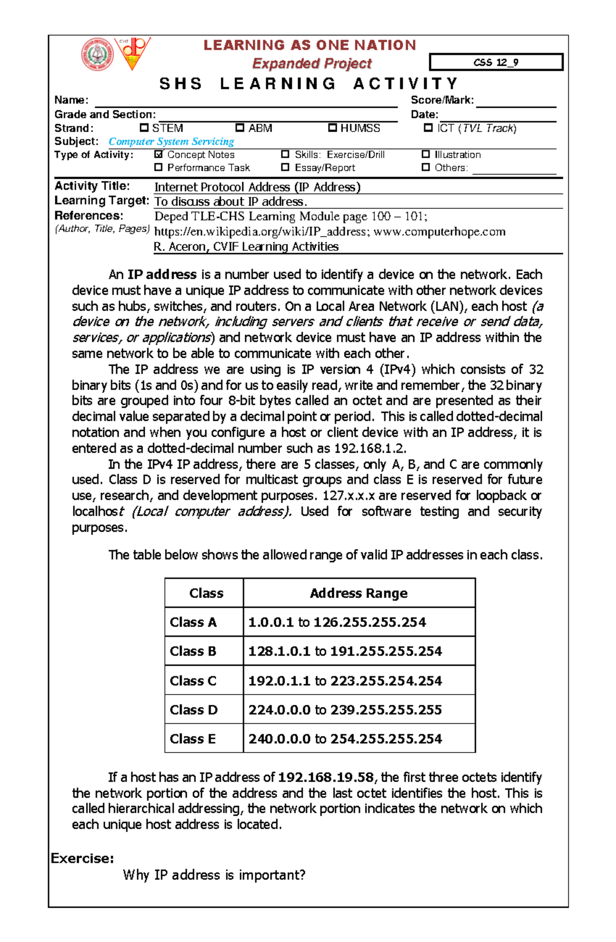 CSS 12 LAS 9 IP address - sdsfdf - ... LEARNING AS ONE NATION Expanded ...
