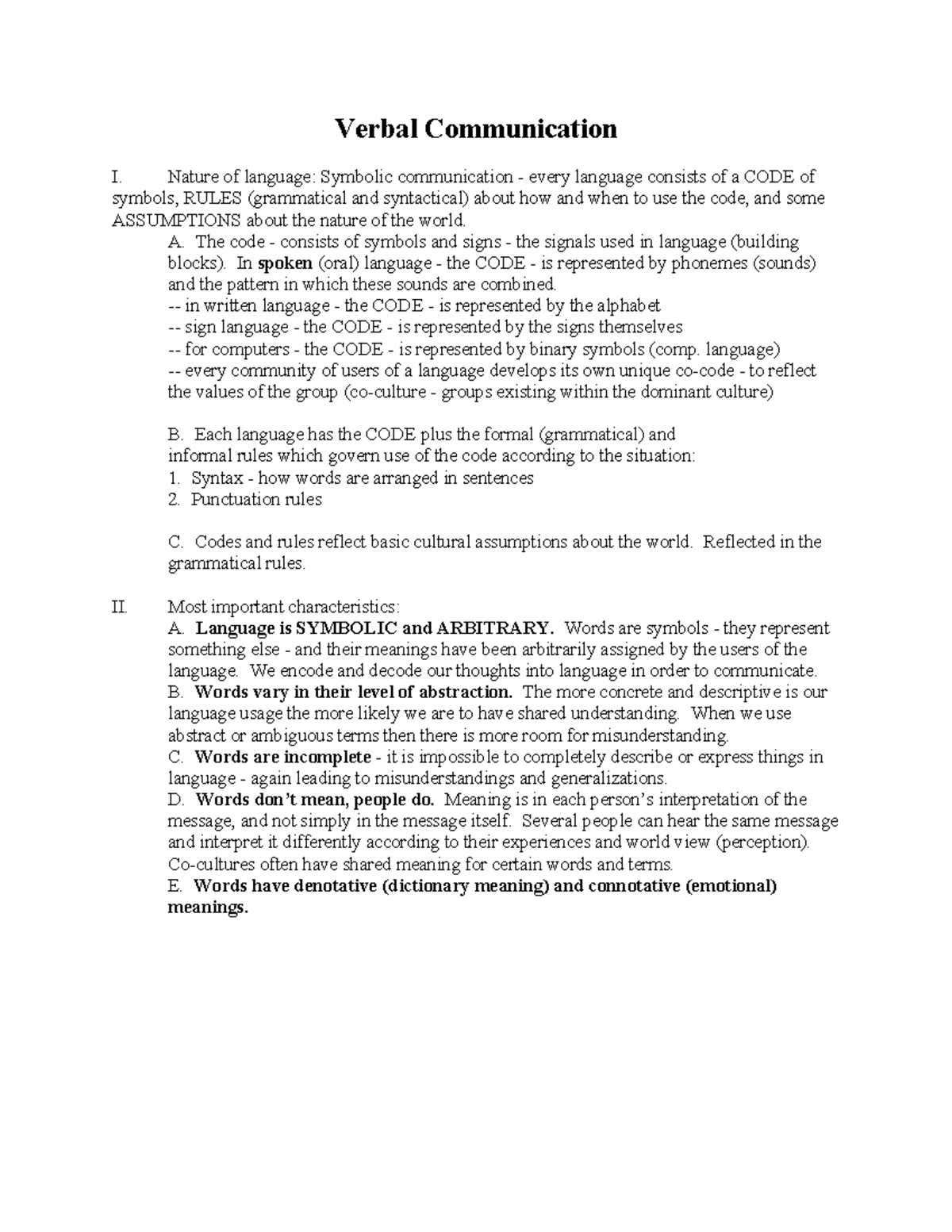 Verbal notes - Professor Escoffery - Verbal Communication I. Nature of ...