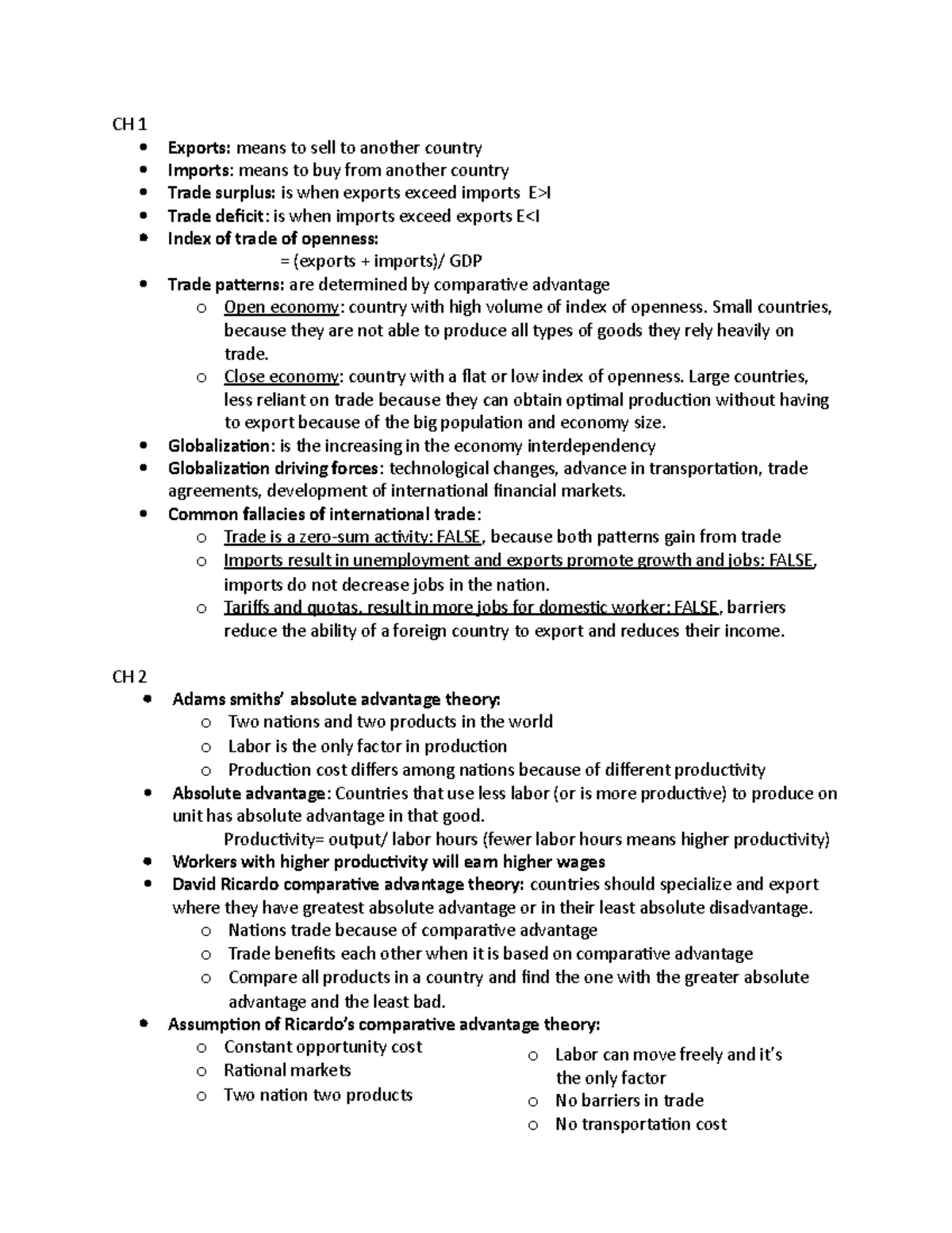 ECON 335 study guide (Chapter 1 to 3) - CH 1 Exports: means to sell to ...