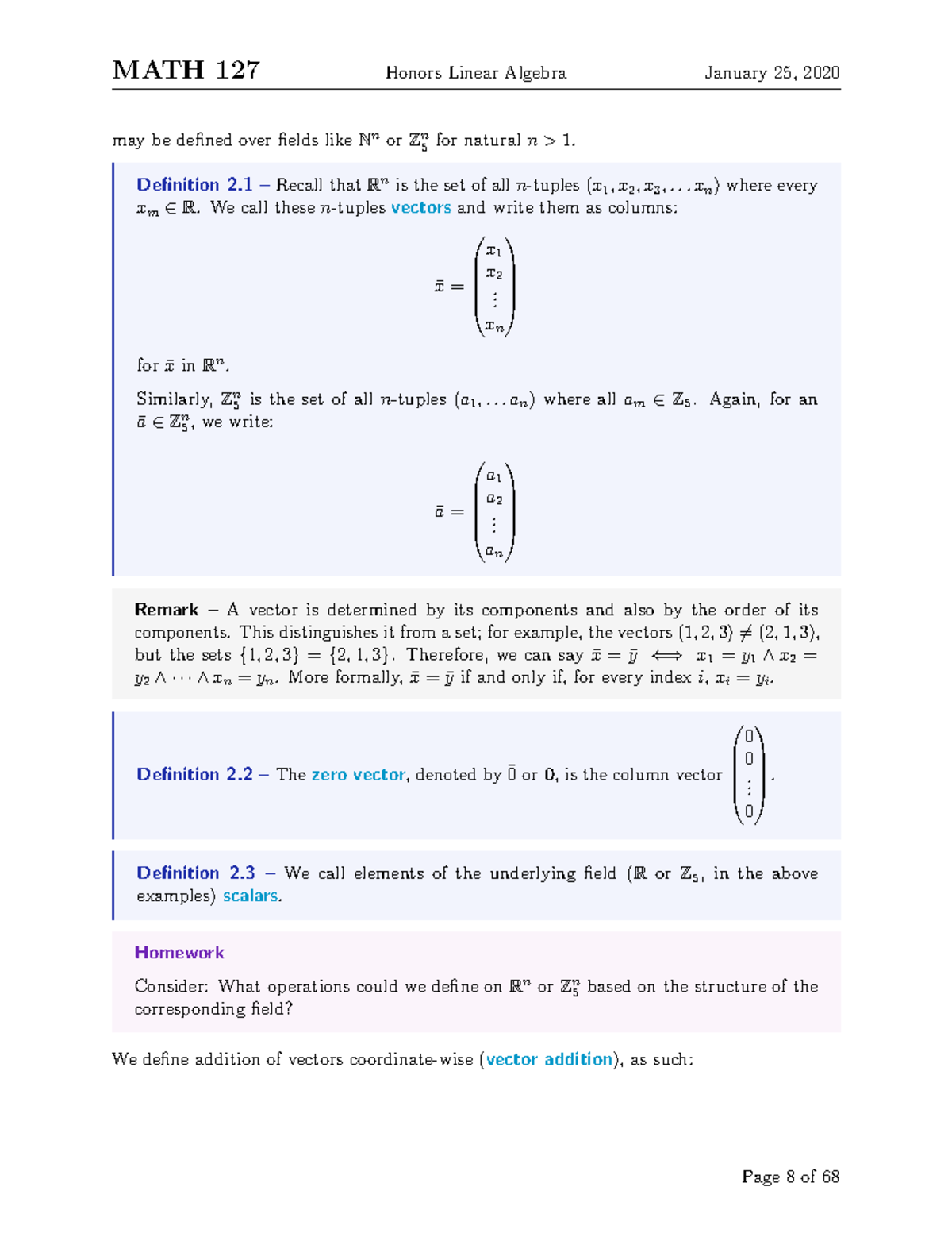 MATH 235-8 - Lecture notes 8 - MATH 127 Honors Linear Algebra January ...