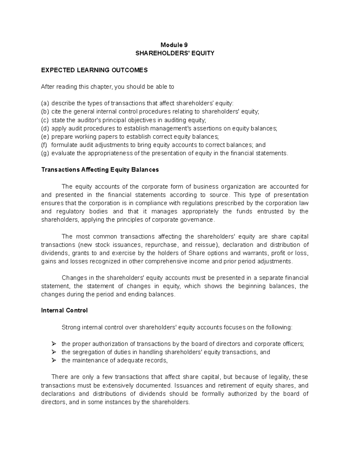 Shareholders Equity - Lecture notes 9 - Module 9 SHAREHOLDERS' EQUITY ...