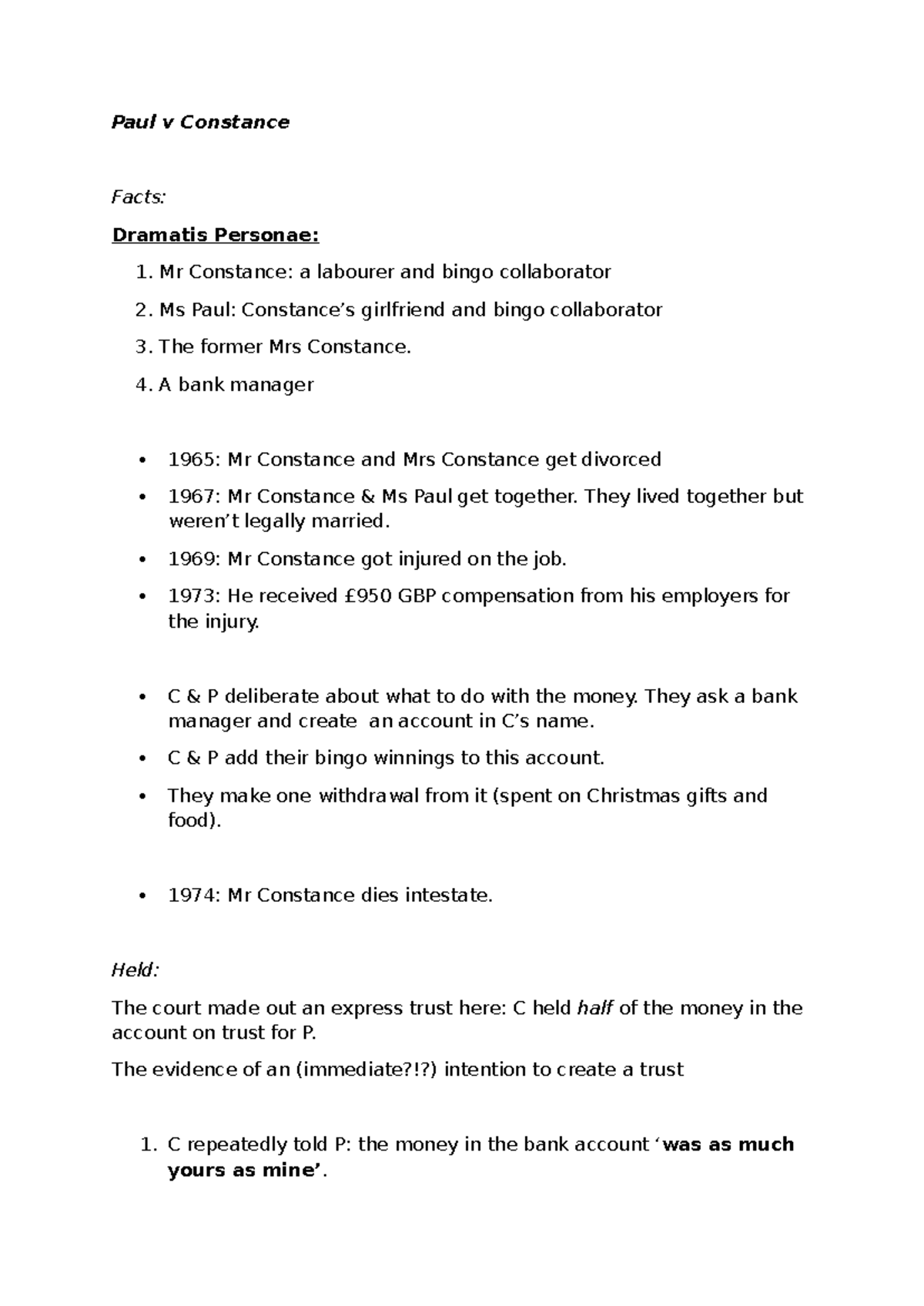 Case law - case law - Paul v Constance Facts: Dramatis Personae: 1. Mr ...