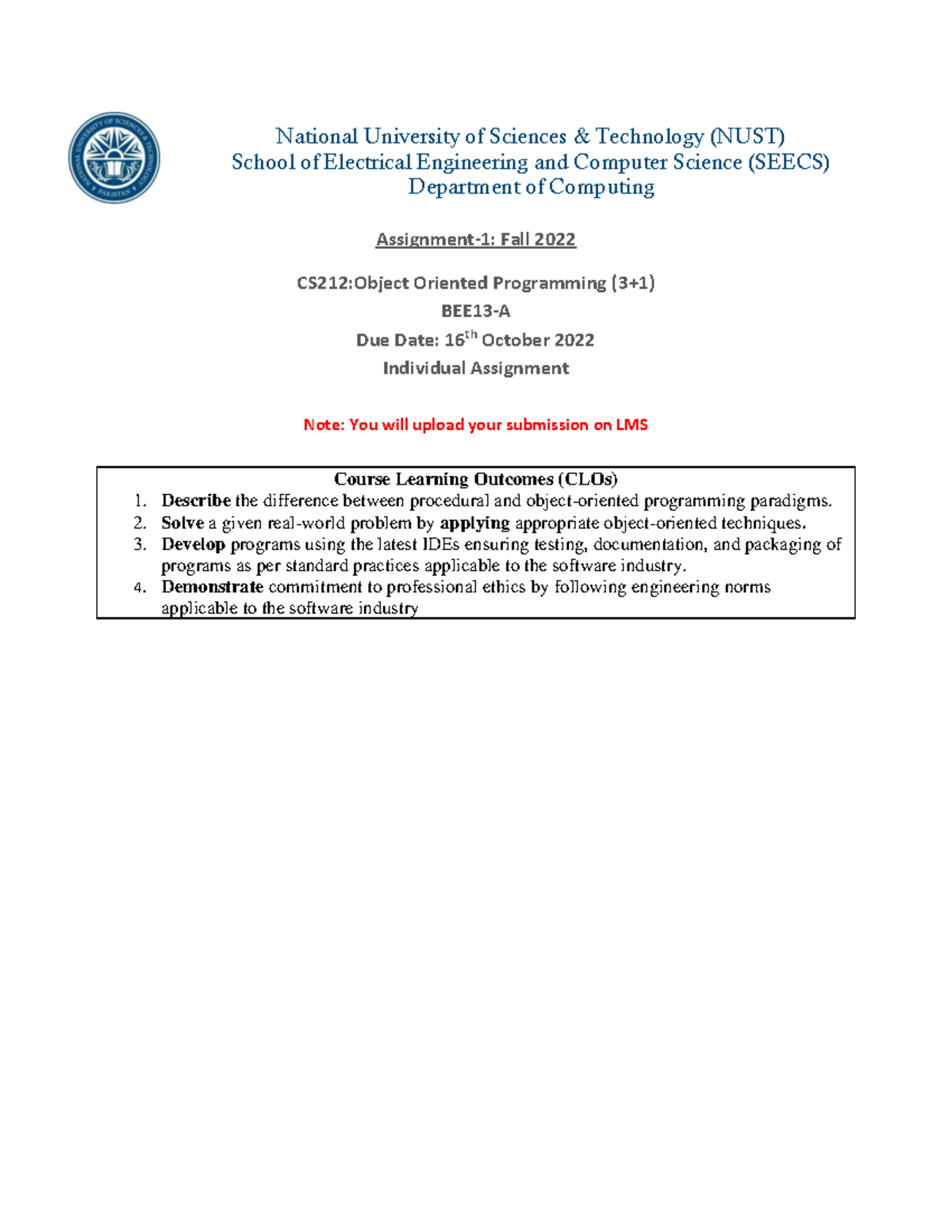 Assignment-1 OOP - Ms assignment for the degree requirements - National ...