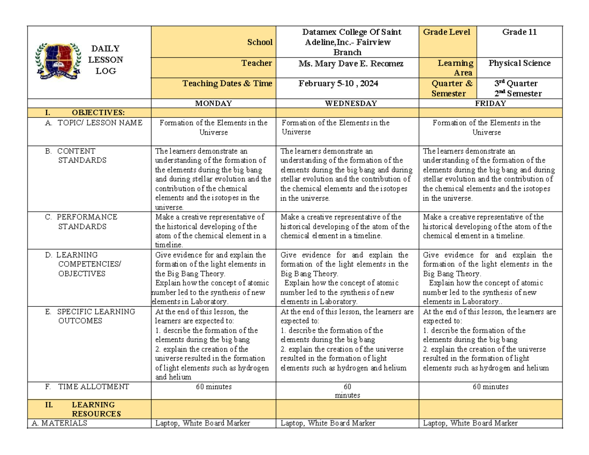 Physical Science WEEK 1 - DAILY LESSON LOG School Datamex College Of ...