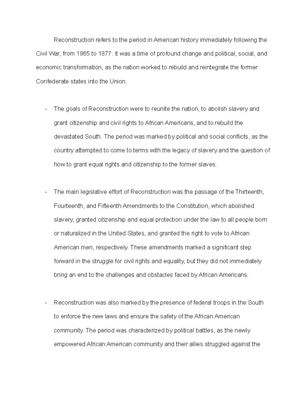 Reconstruction Notes - Reconstruction refers to the period in American ...