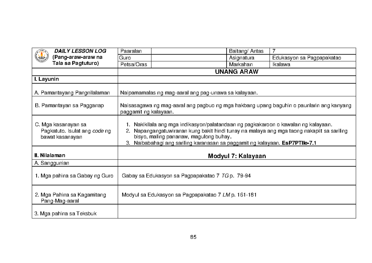 Module 7 - DAILY LESSON LOG (Pang-araw-araw na Tala sa Pagtuturo ...