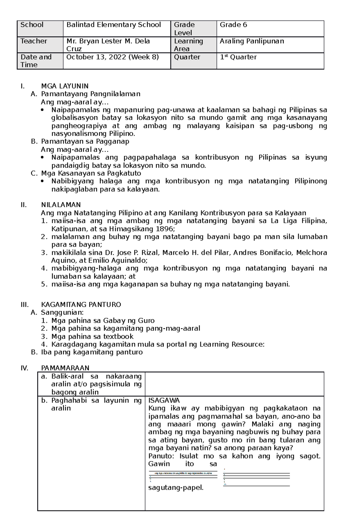 AP6-WEEk 8 - LEsson Plan - School Balintad Elementary School Grade ...