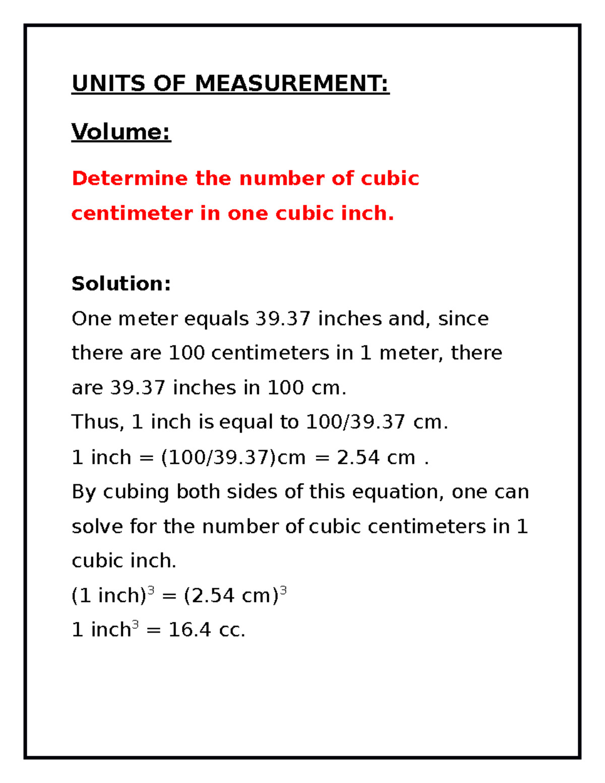 Tutorial No.02 Volume - UNITS OF MEASUREMENT: Volume: Determine the ...