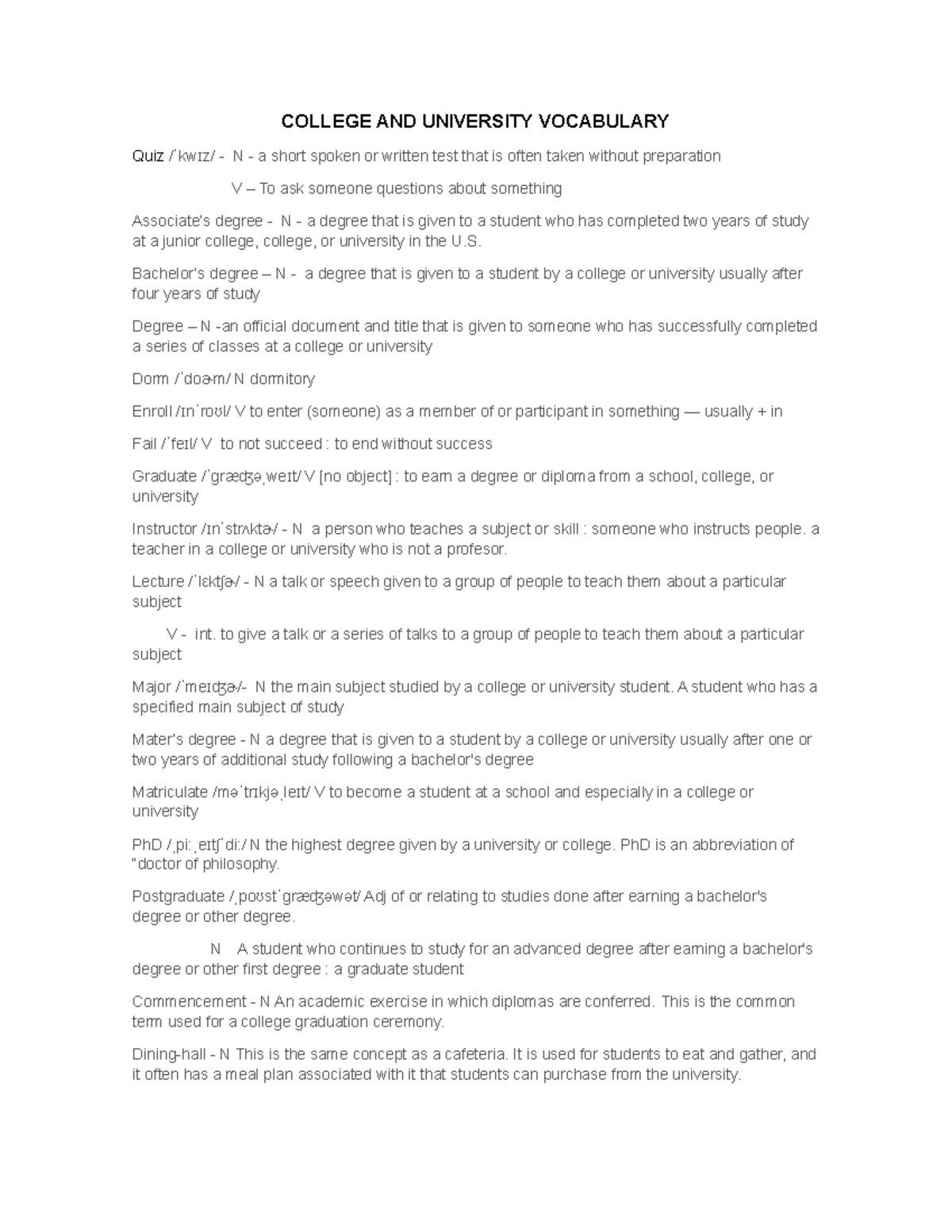 College AND University Vocabulary - ingles - UVEG - Studocu