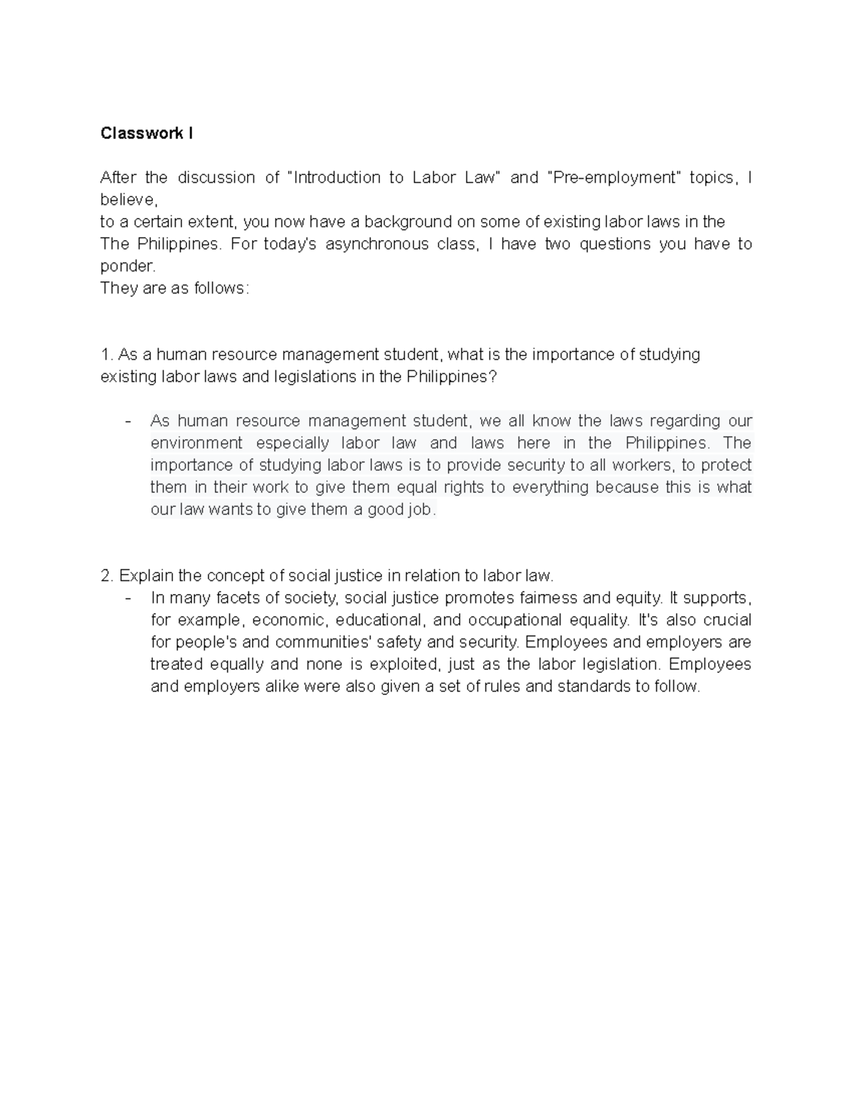 Class Work I - Classwork I After the discussion of “Introduction to ...