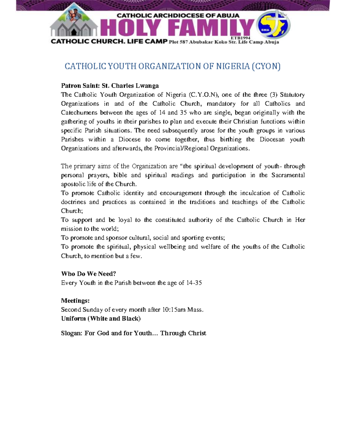 Catholic Youth Organisation of Nigeria - CATHOLIC YOUTH ORGANIZATION OF ...
