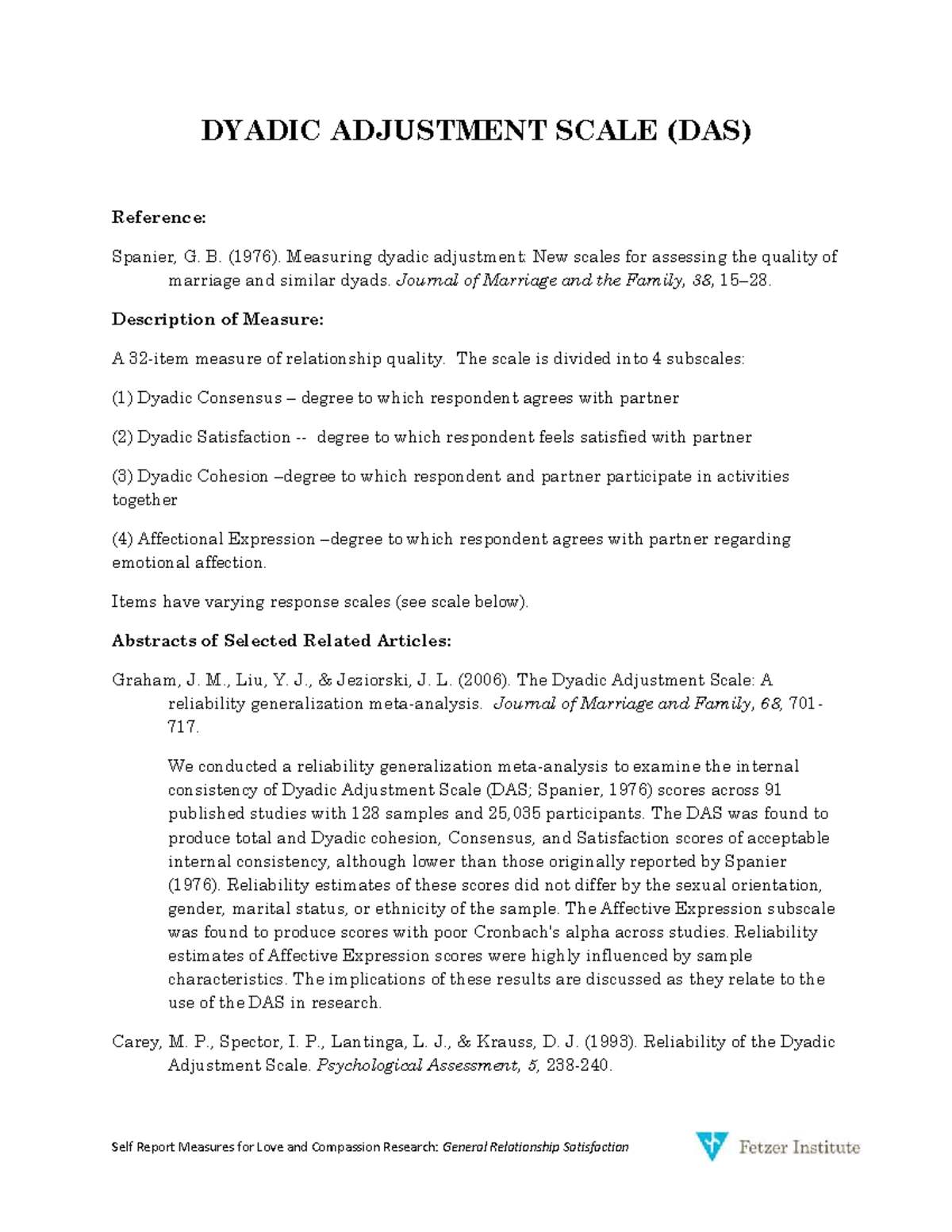 Self Report Measures for Love and Compas - DYADIC ADJUSTMENT SCALE (DAS ...