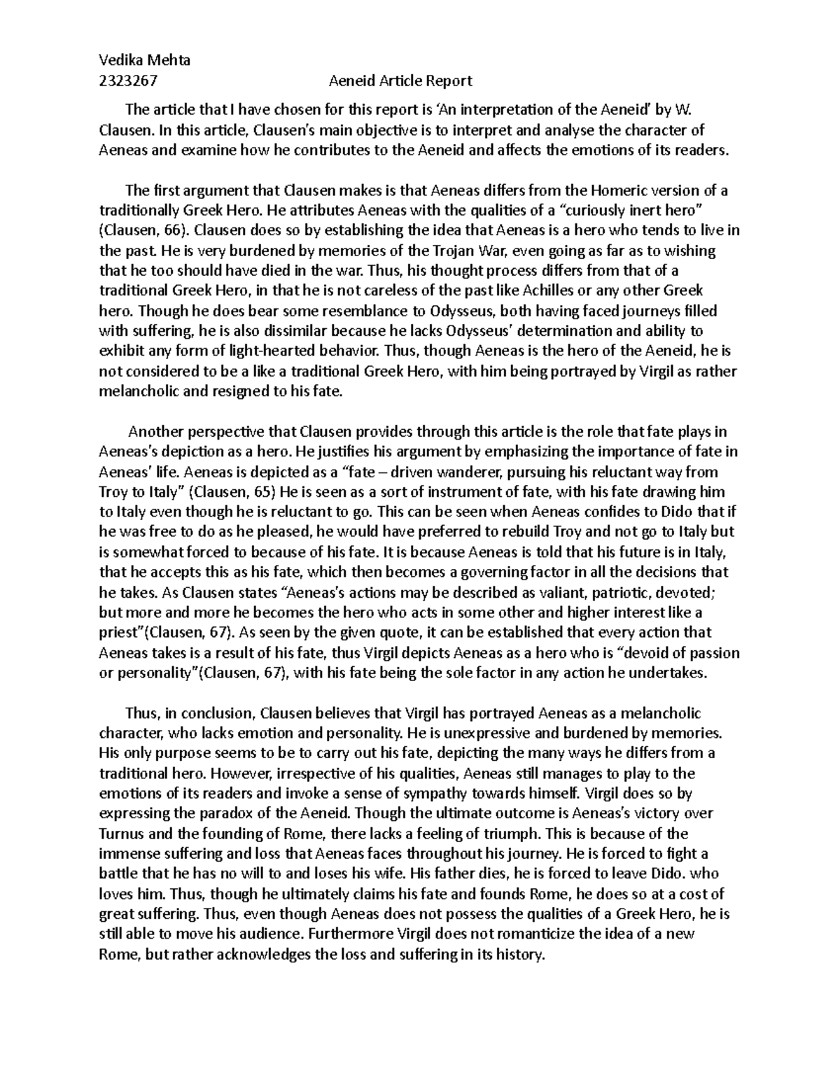 Aeneid Article Report - Professor Sandra Blakely - Vedika Mehta 2323267 ...