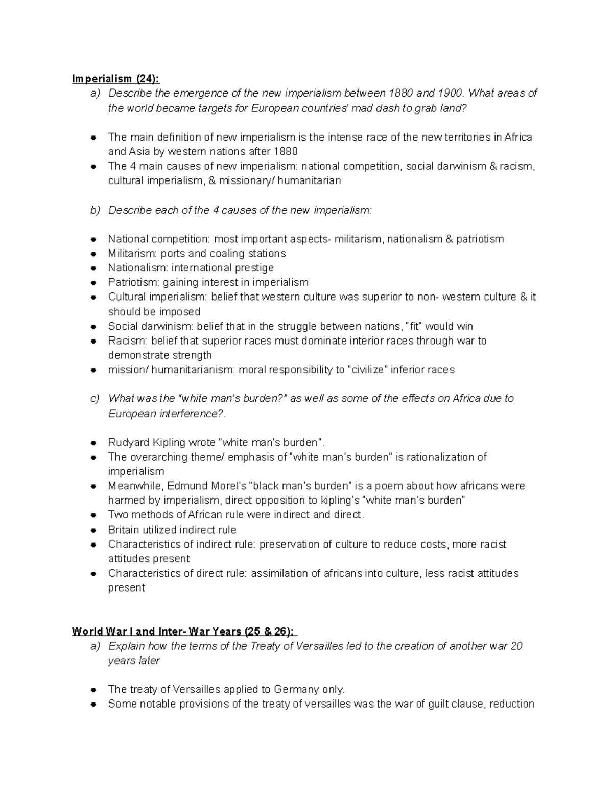 WC II Final Study Guide - Imperialism (24): a) Describe the emergence ...