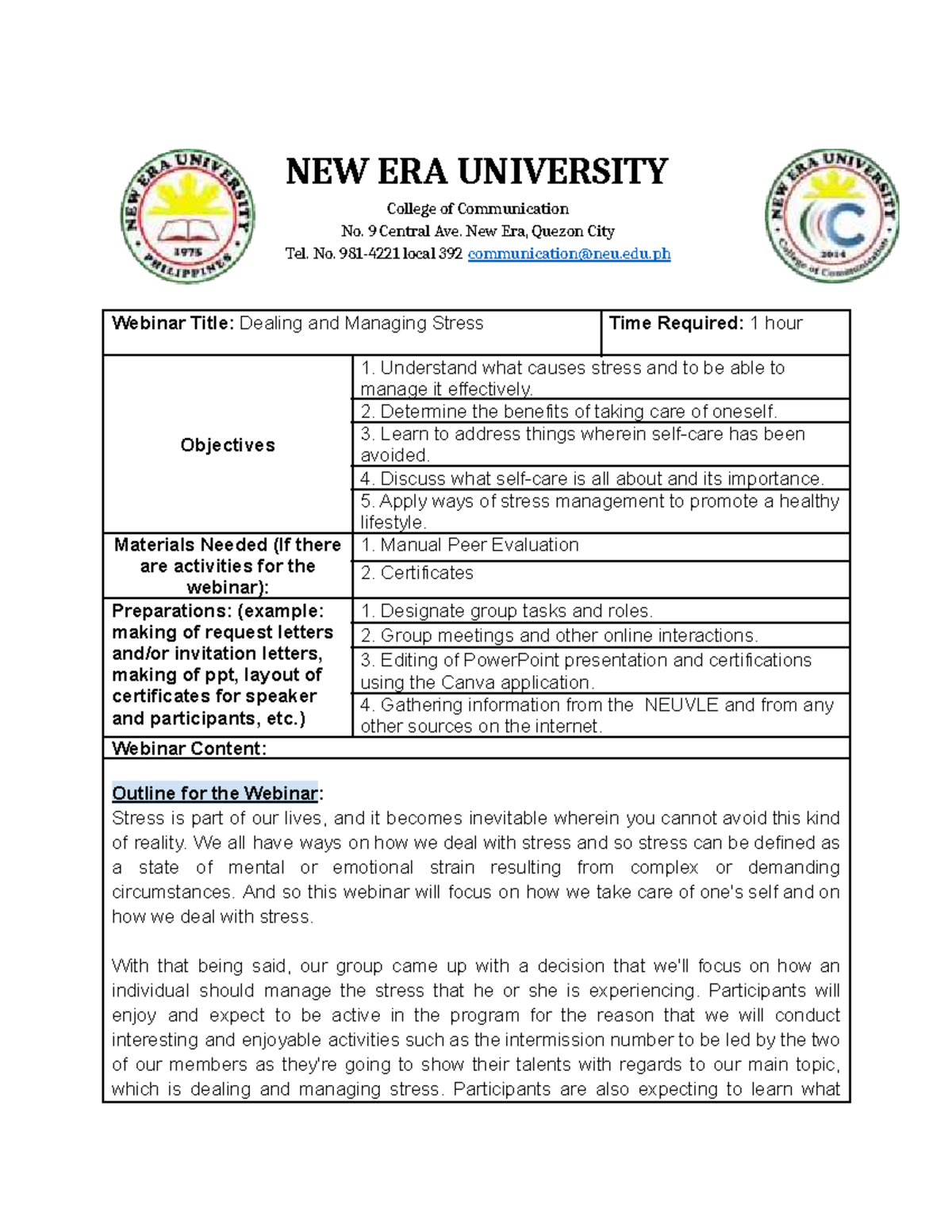 UTS Final Requirement Sample 4 - NEW ERA UNIVERSITY College of Communication No. 9 Central Ave ...