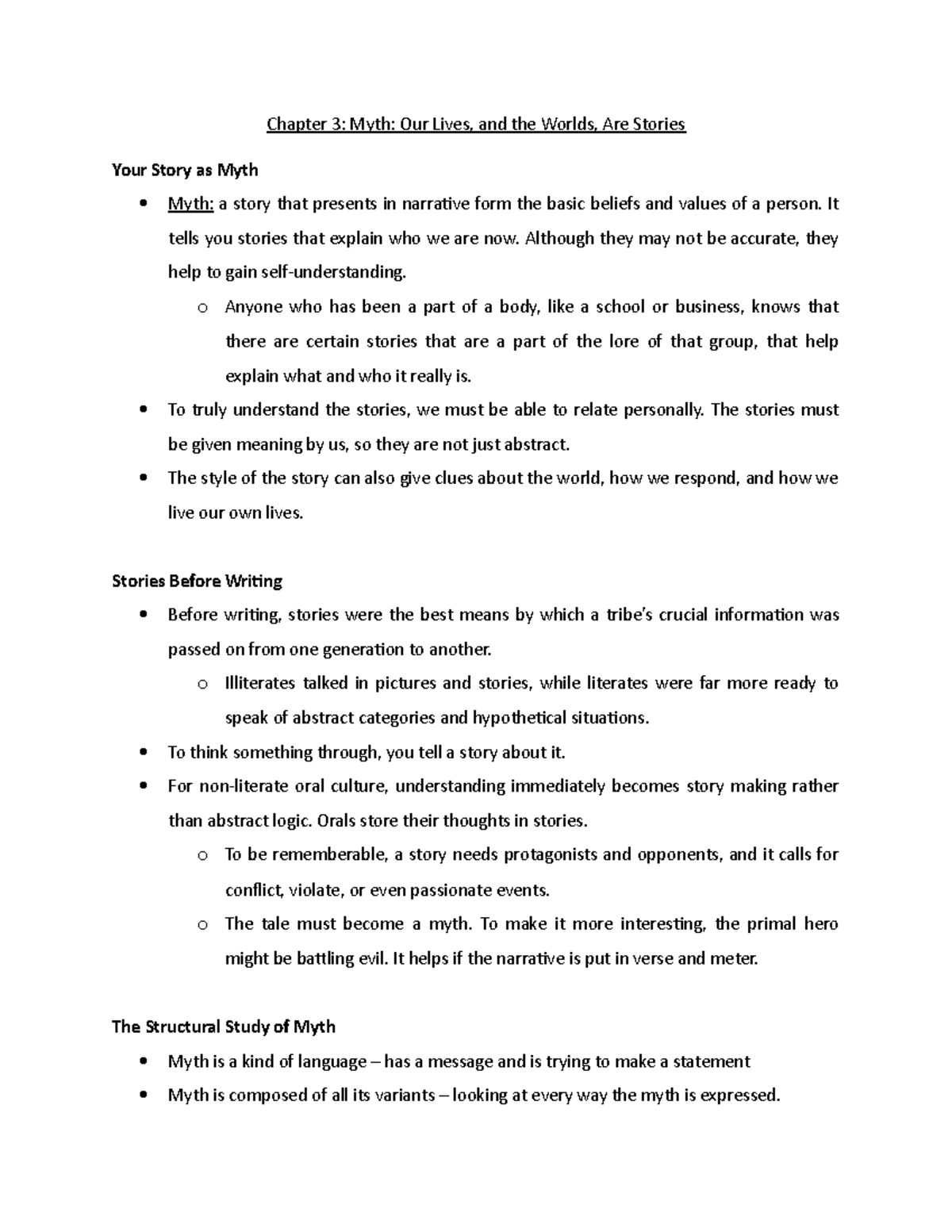 Chapter 3 Notes - Myths and Stories - Chapter 3: Myth: Our Lives, and ...