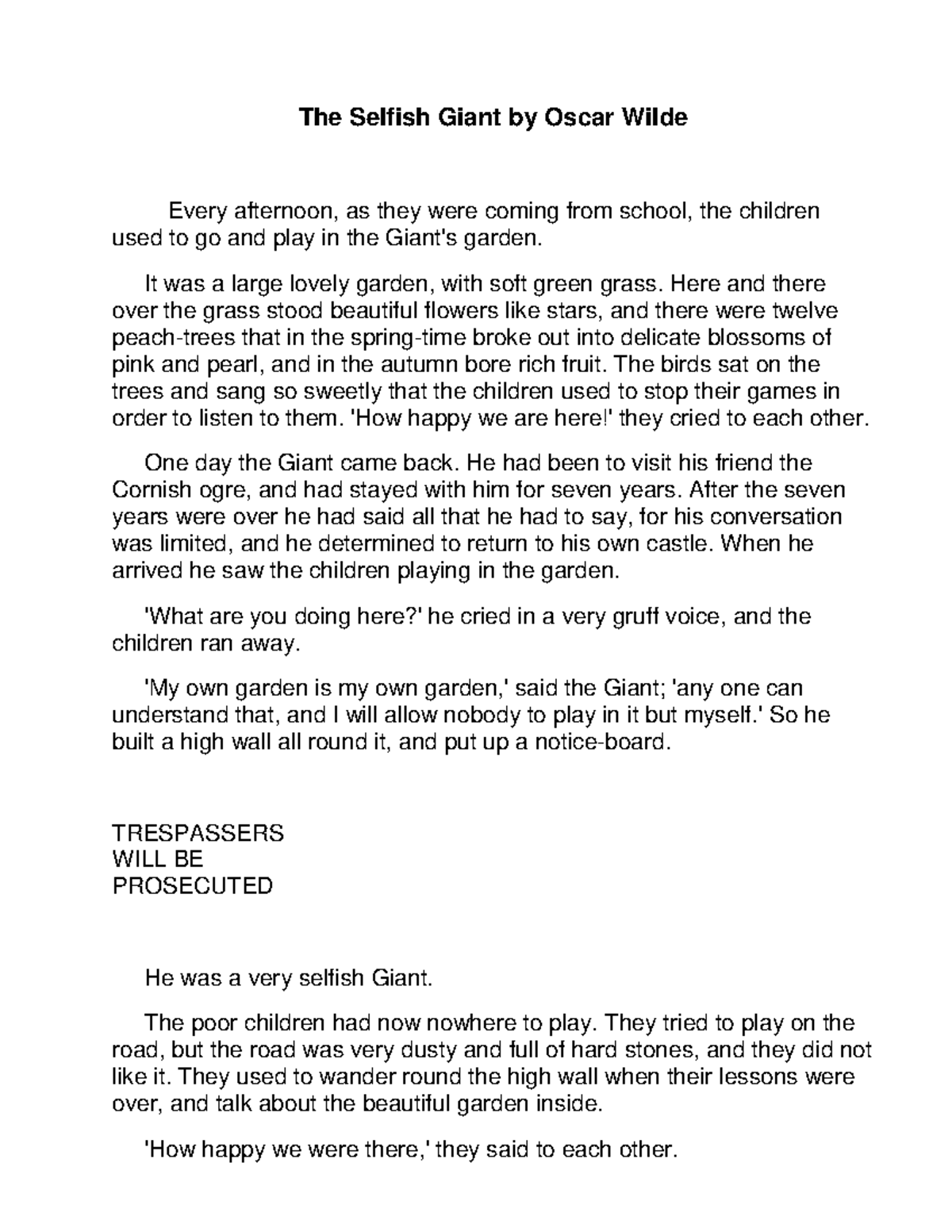 The Selfish Giant by Oscar Wilde - It was a large lovely garden, with ...