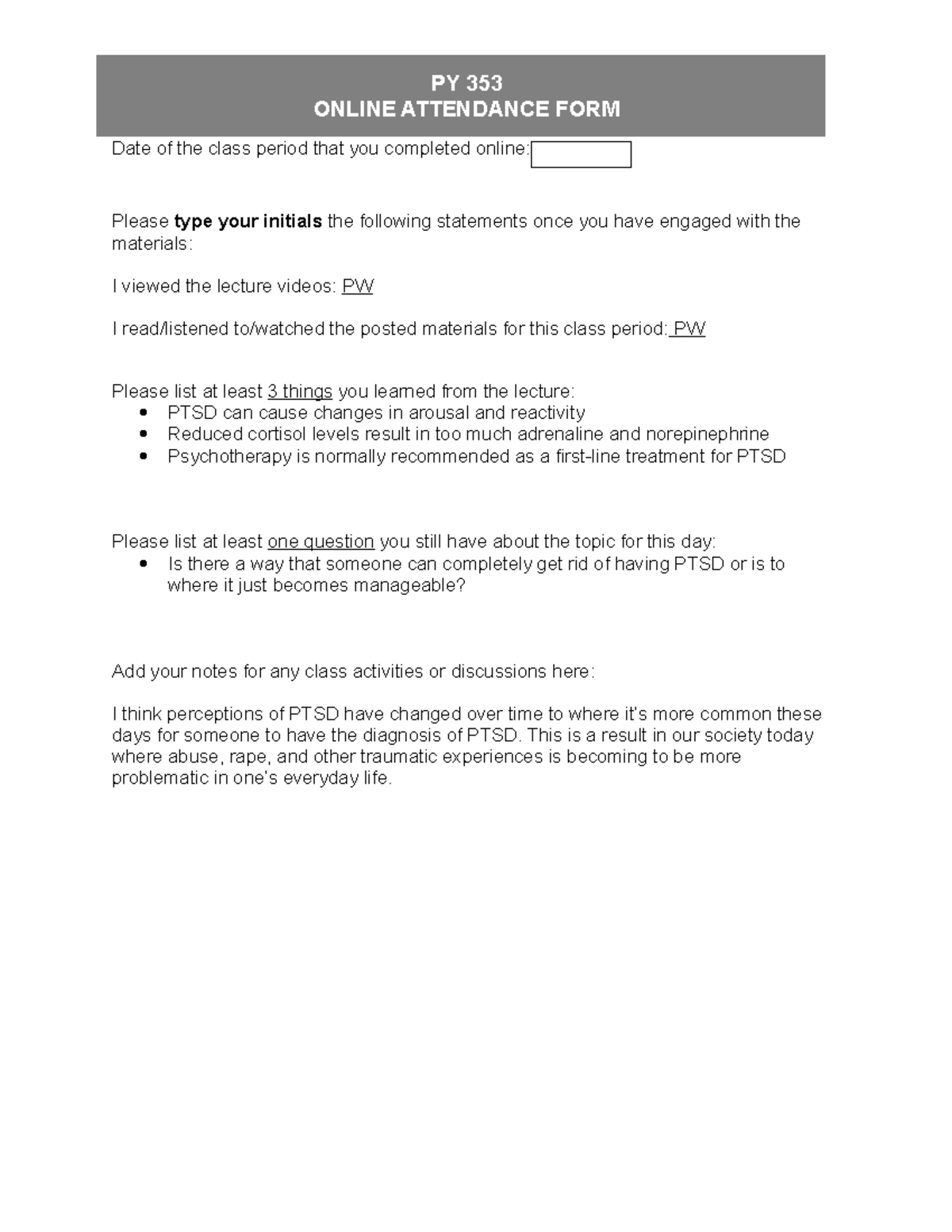 Online Attendace 2 Date Of The Class Period That You Completed