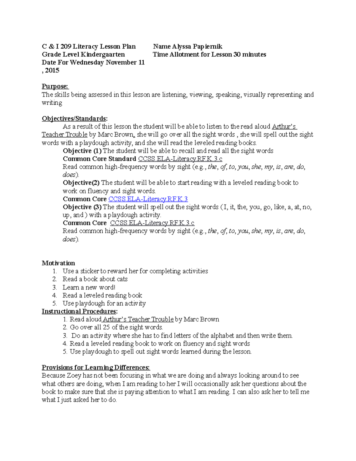 Lesson plan 16 - C &amp; I 209 Literacy Lesson Plan Name Alyssa ...
