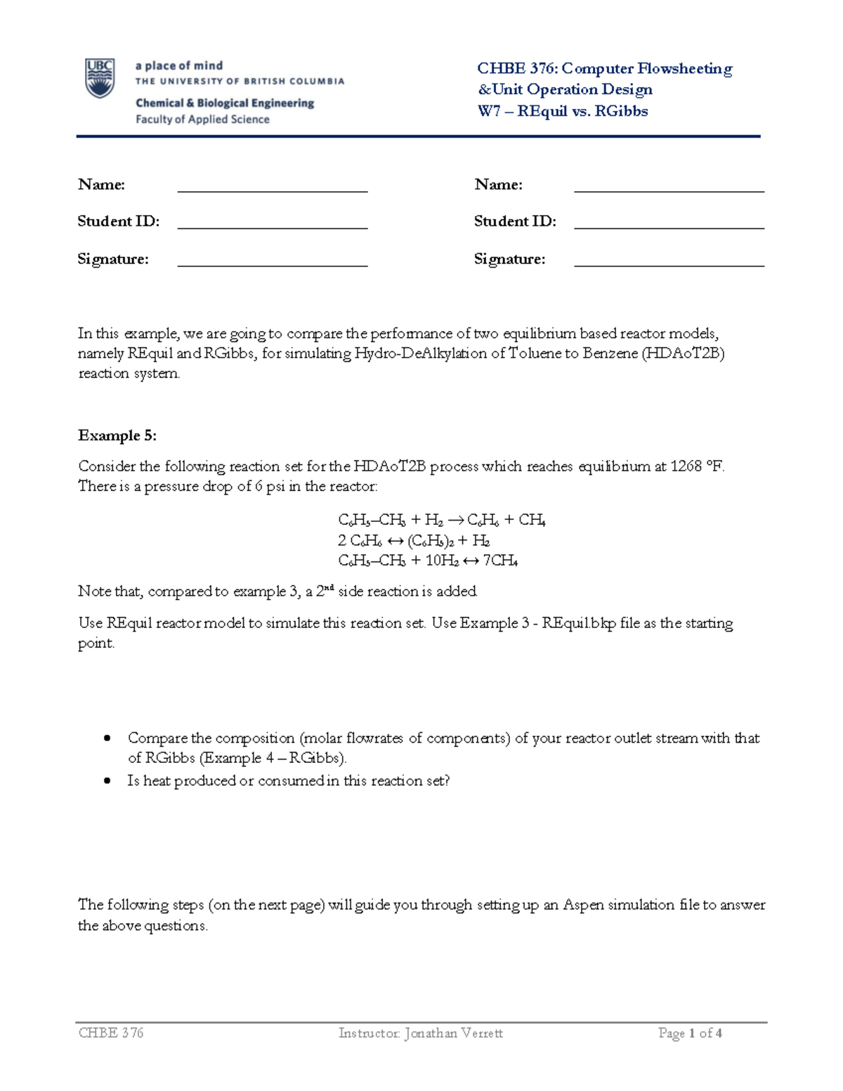 W7 REquil vs RGibbs - Worksheet 7 - CHBE 376: Computer Flowsheeting &Unit Operation Design W7 3 ...