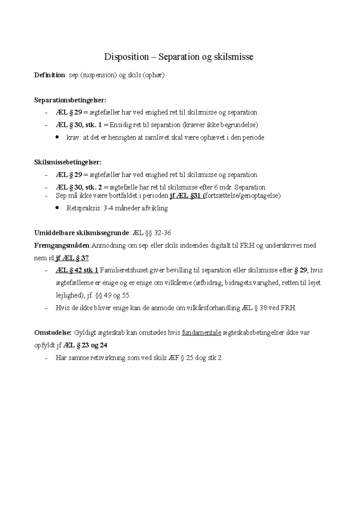 Disposition - Separation og skilsmisse - Disposition – Separation og skilsmisse Definition: sep ...