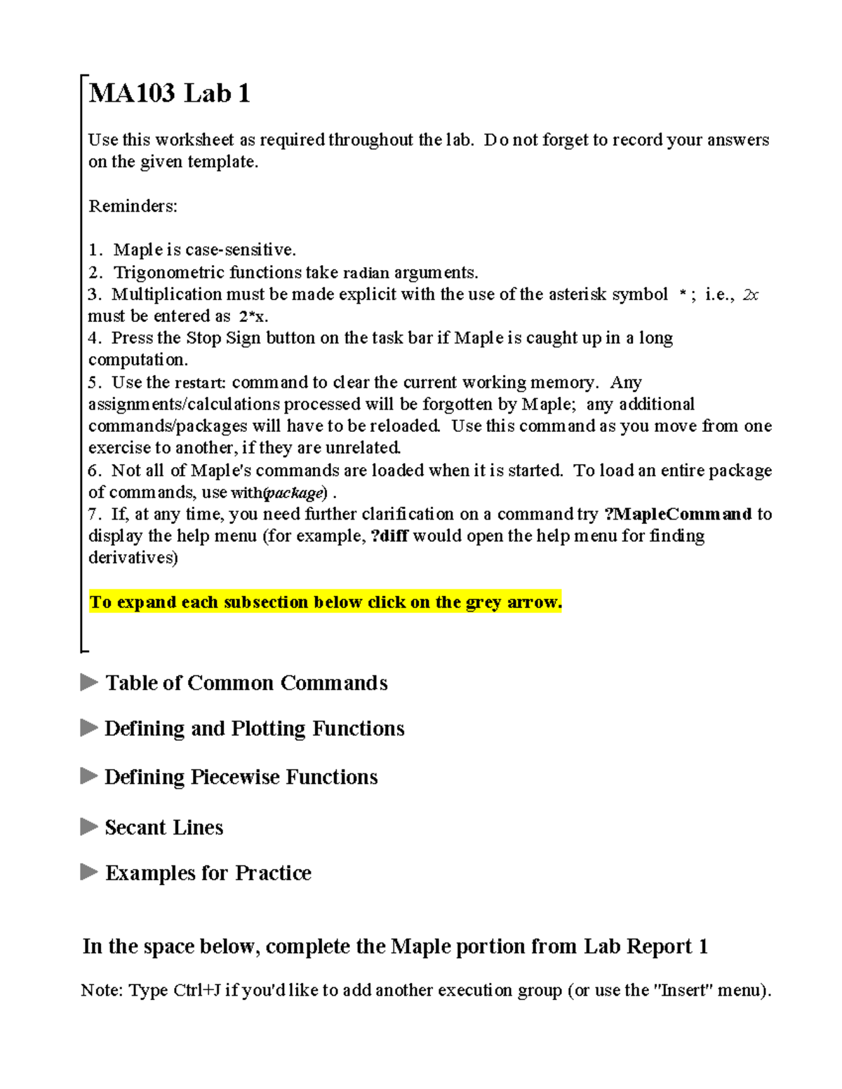Lab 1 Maple Worksheet Solutions Ma103 Lab 1 Use This Worksheet As Required Throughout The Lab 