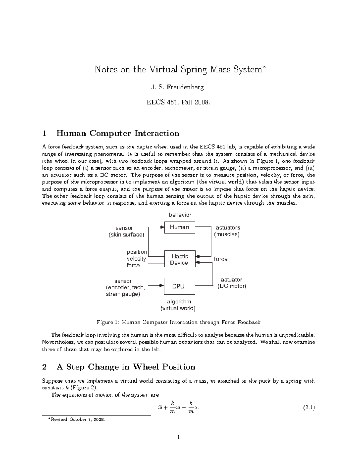 Lecture Notes Lecture 1 Notes On The Virtual Spring Mass System Notes On The Virtual Spring
