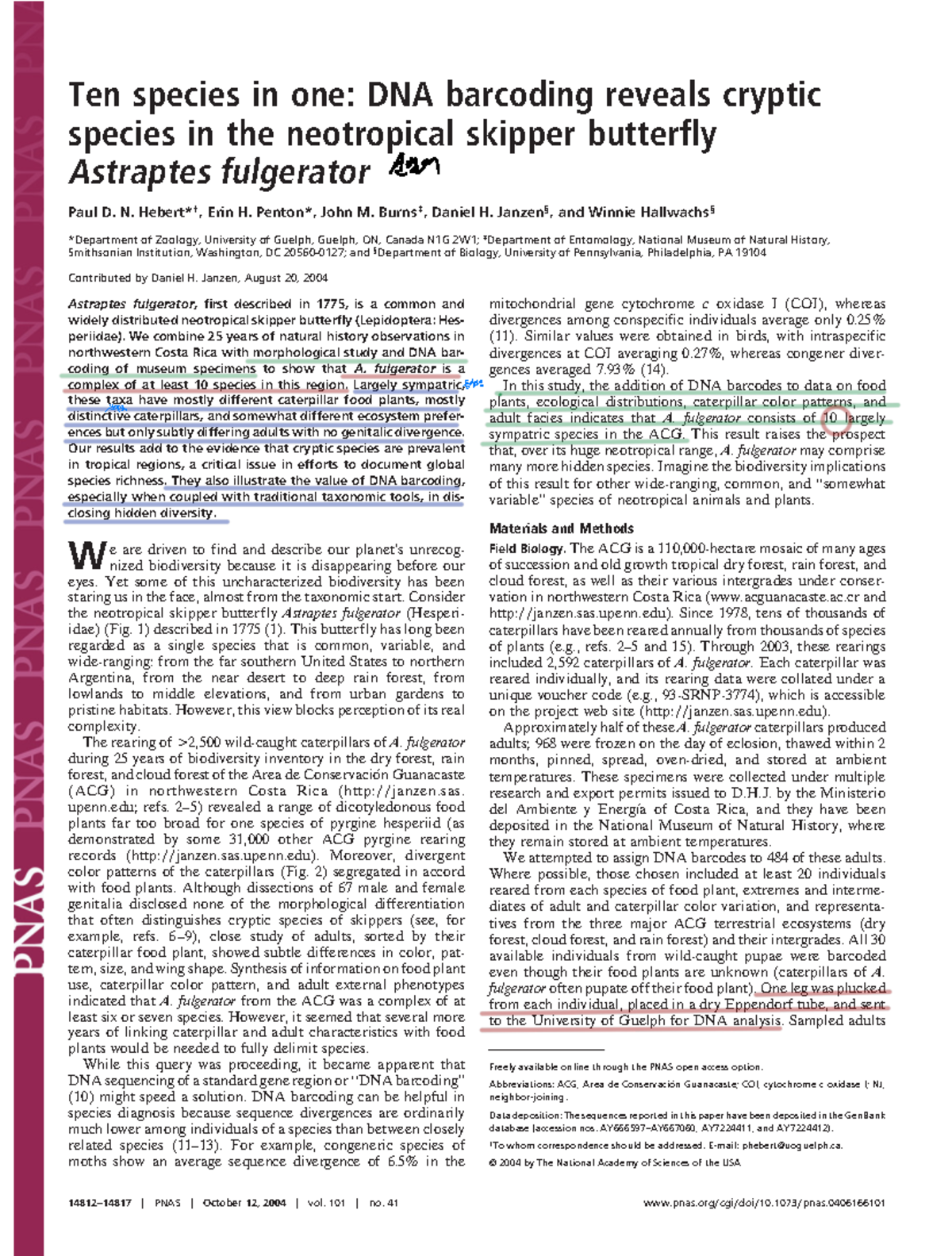 Hebert 2004 Ten species in one - Ten species in one: DNA barcoding ...