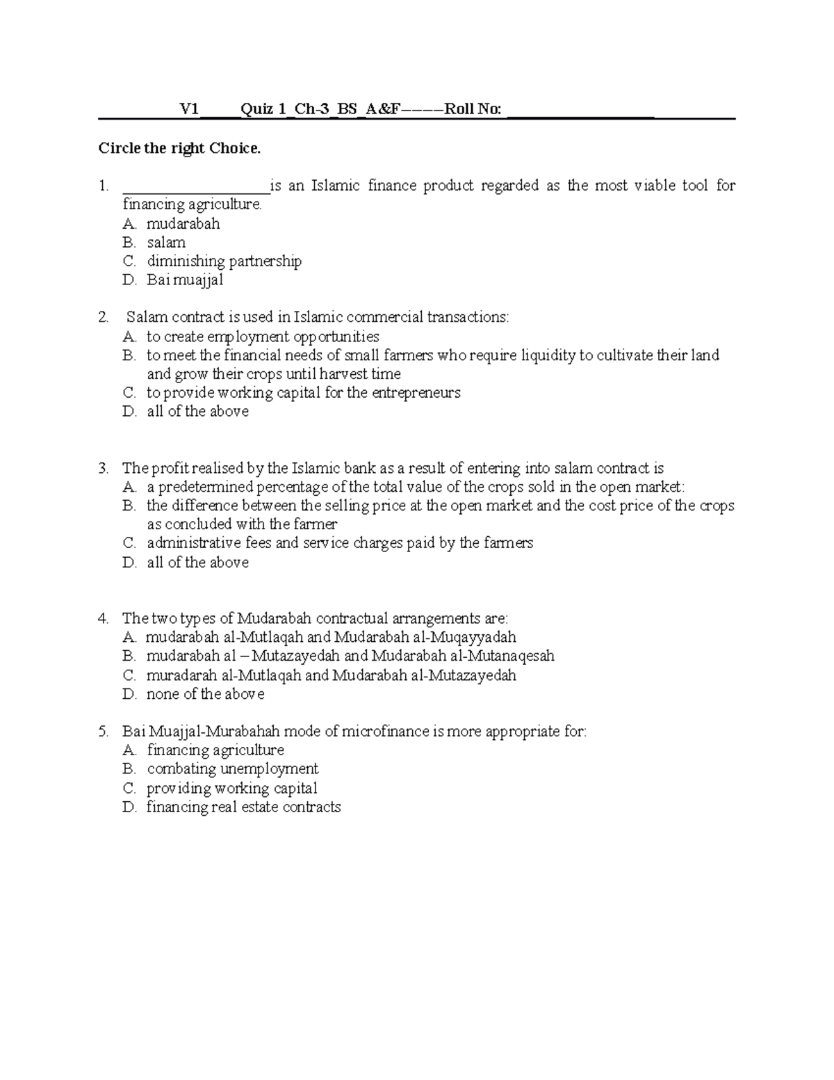 1-BS Quiz MF-V1 - islamic finance quiz - V1_____Quiz 1_Ch-3_BS_A&F-Roll No ...