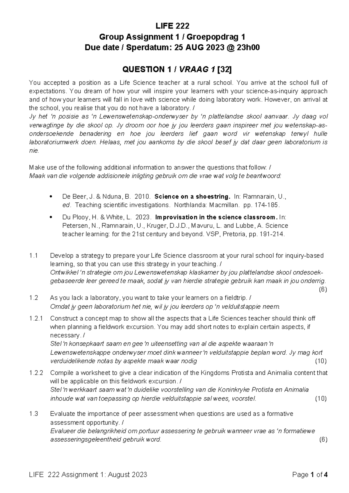 LIFE 222 Group Assignment 1 Final 2023 - LIFE 222 Group Assignment 1 / Groepopdrag 1 Due date ...