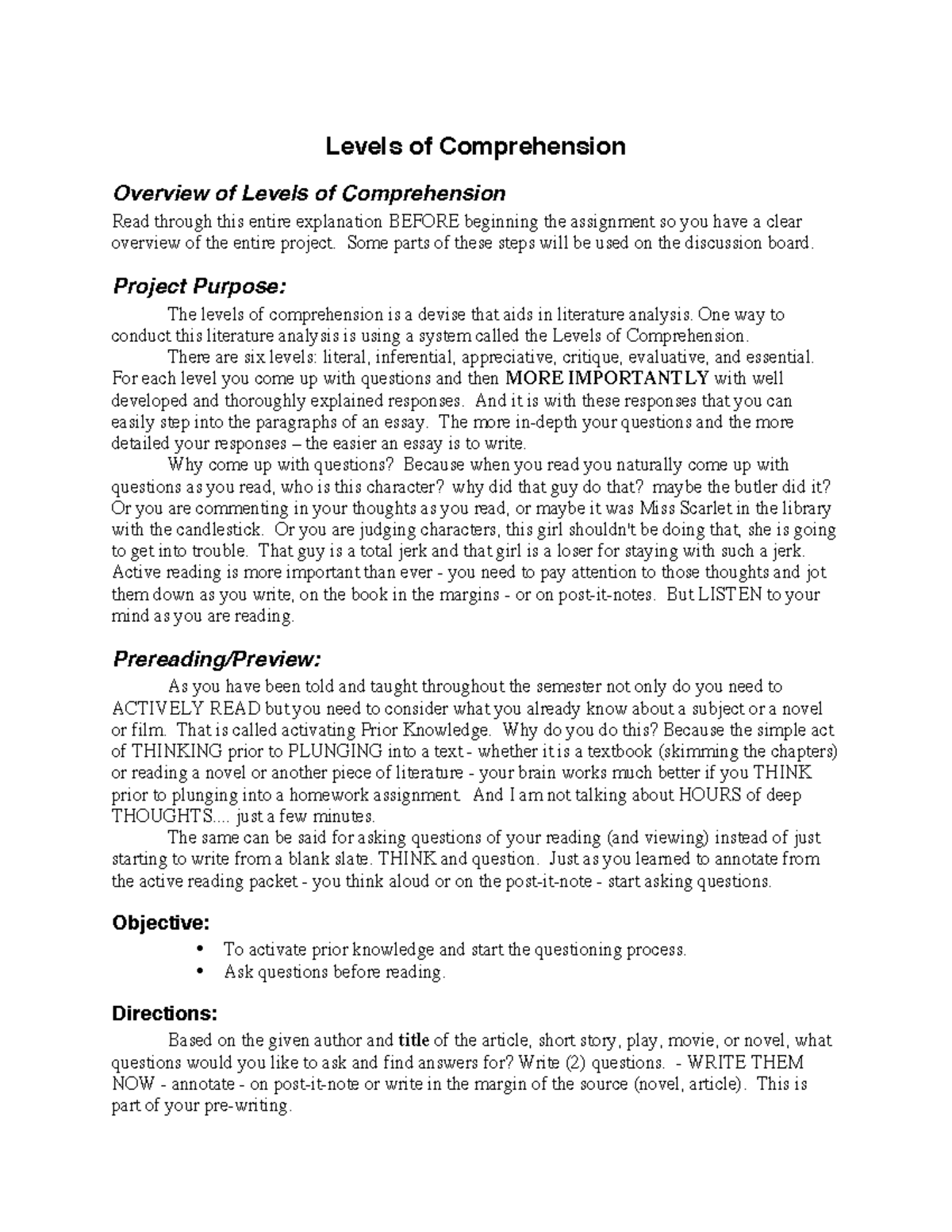 Levels of Comprehension-Overview-Explain - Levels of Comprehension ...