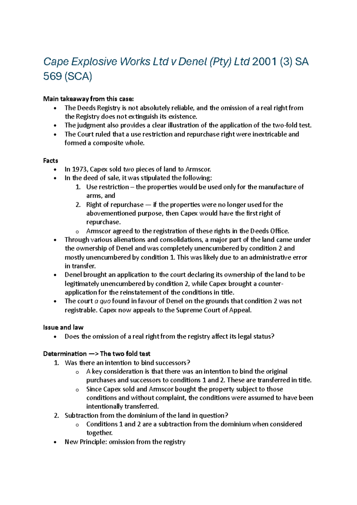 Case Summary Cape Explosive Works v Denel - Cape Explosive Works Ltd v ...