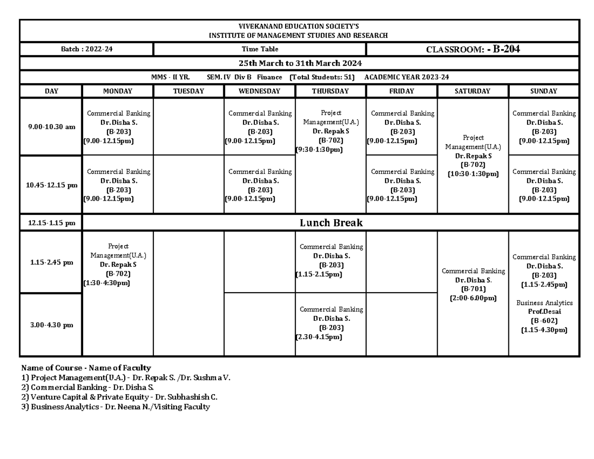 Fin -B MMS SEM IV Batch 2022-24 Time Table - VIVEKANAND EDUCATION ...