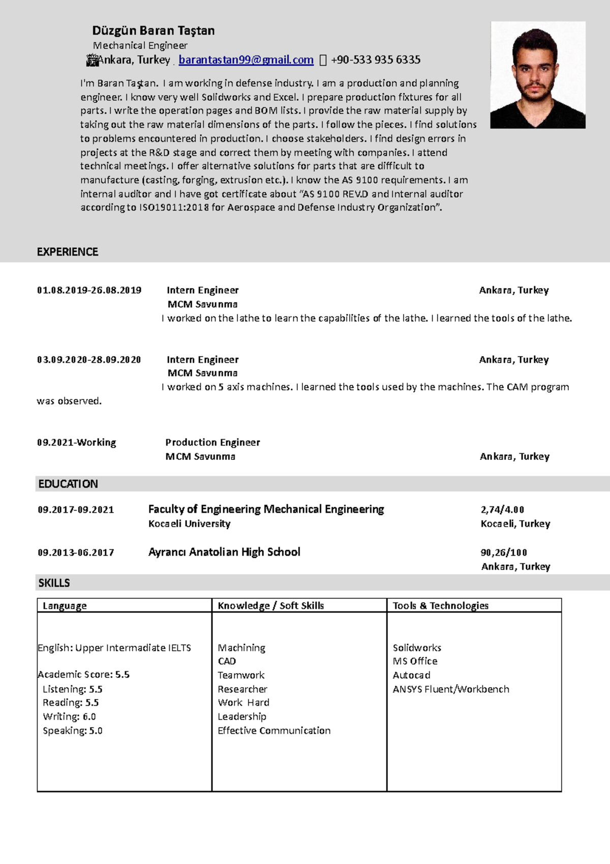 D.Baran Taştan CV - asdasd - Düzgün Baran Taştan Mechanical Engineer ...