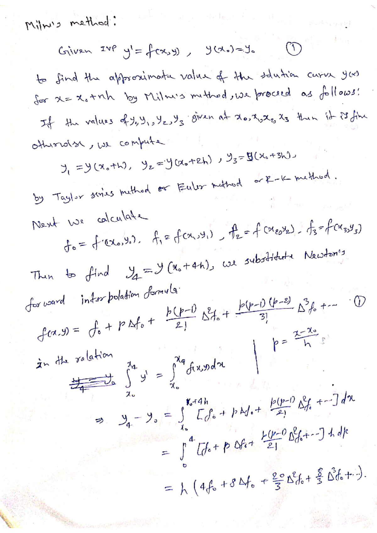 1. Milne method notes - Numerical Methods - Milnis method: Given IVP ...