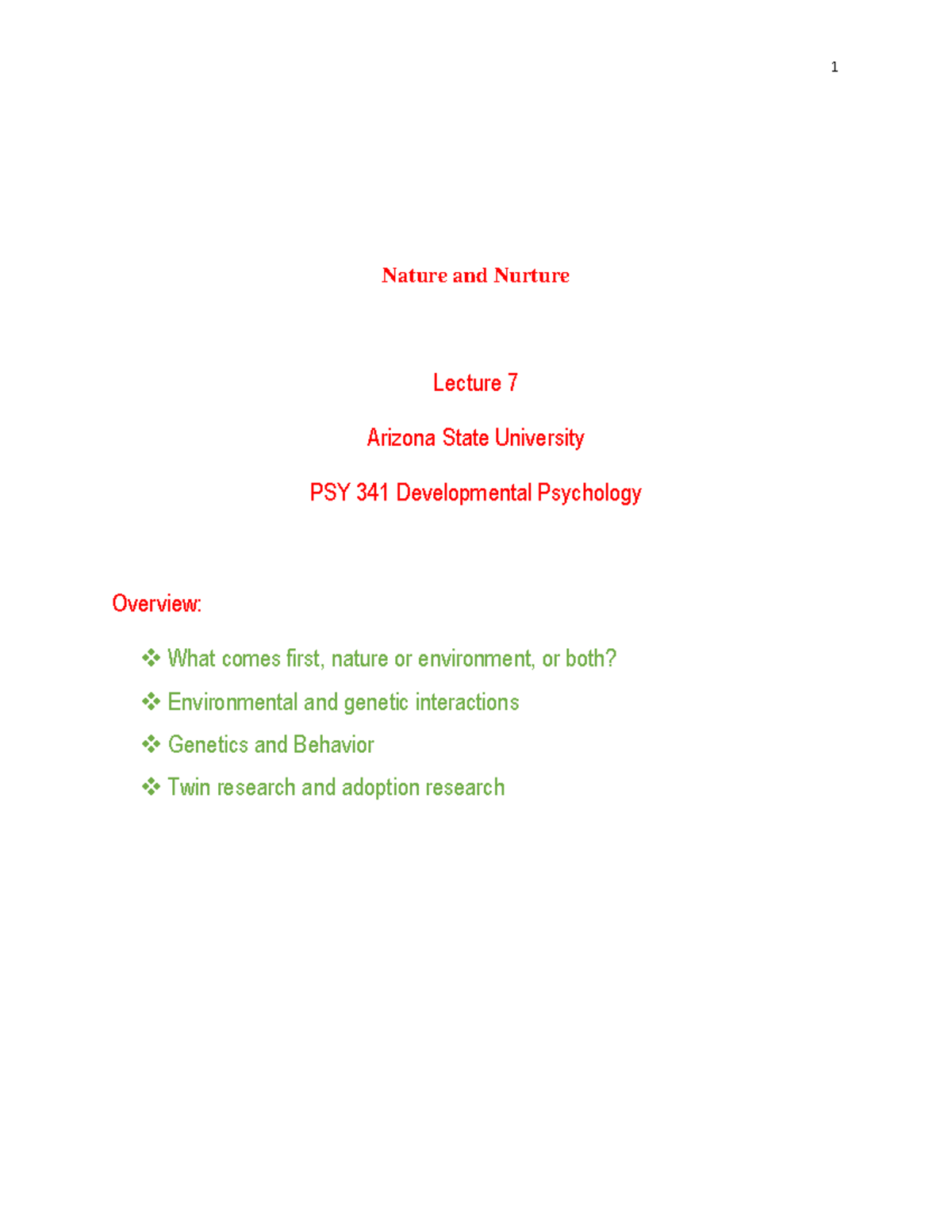 Lecture 7 Notes Psy 341 Nature And Nurture Lecture 7 Arizona State