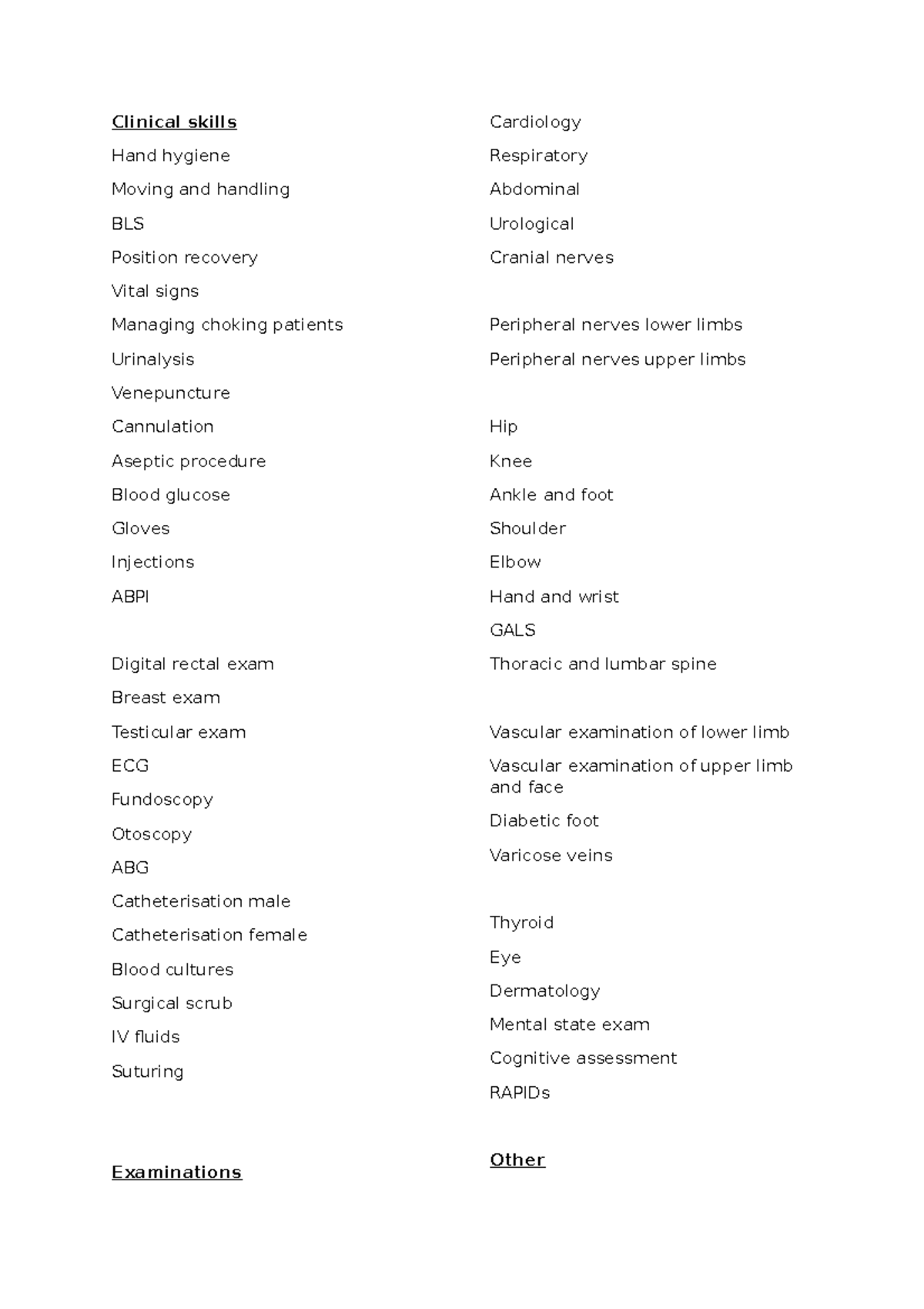 OSCE list - Clinical skills Hand hygiene Moving and handling BLS ...