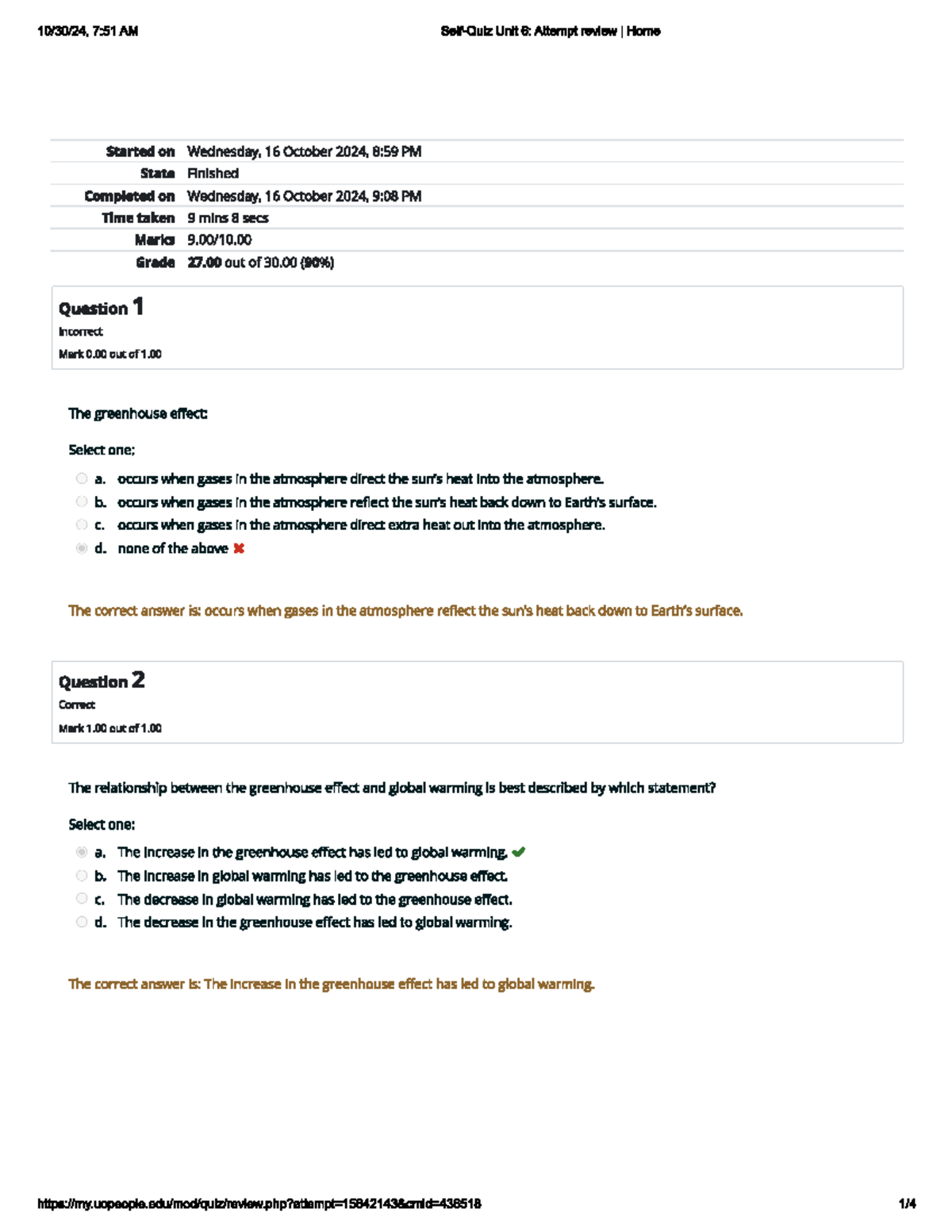 Self-Quiz Unit 6 ENVS 1301 - 7:51 AM Unit 6: Attempt review I Home Started on Wednesday, 16 ...