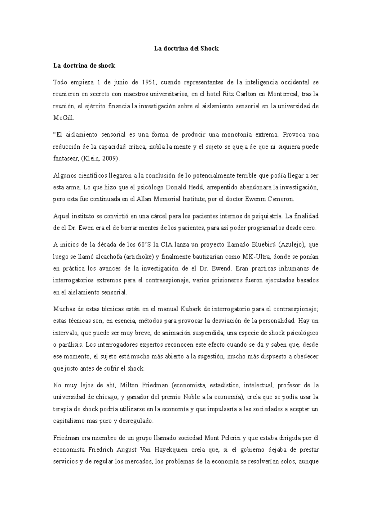 Tarea sociologia - teoria del shock - La doctrina del Shock La doctrina ...