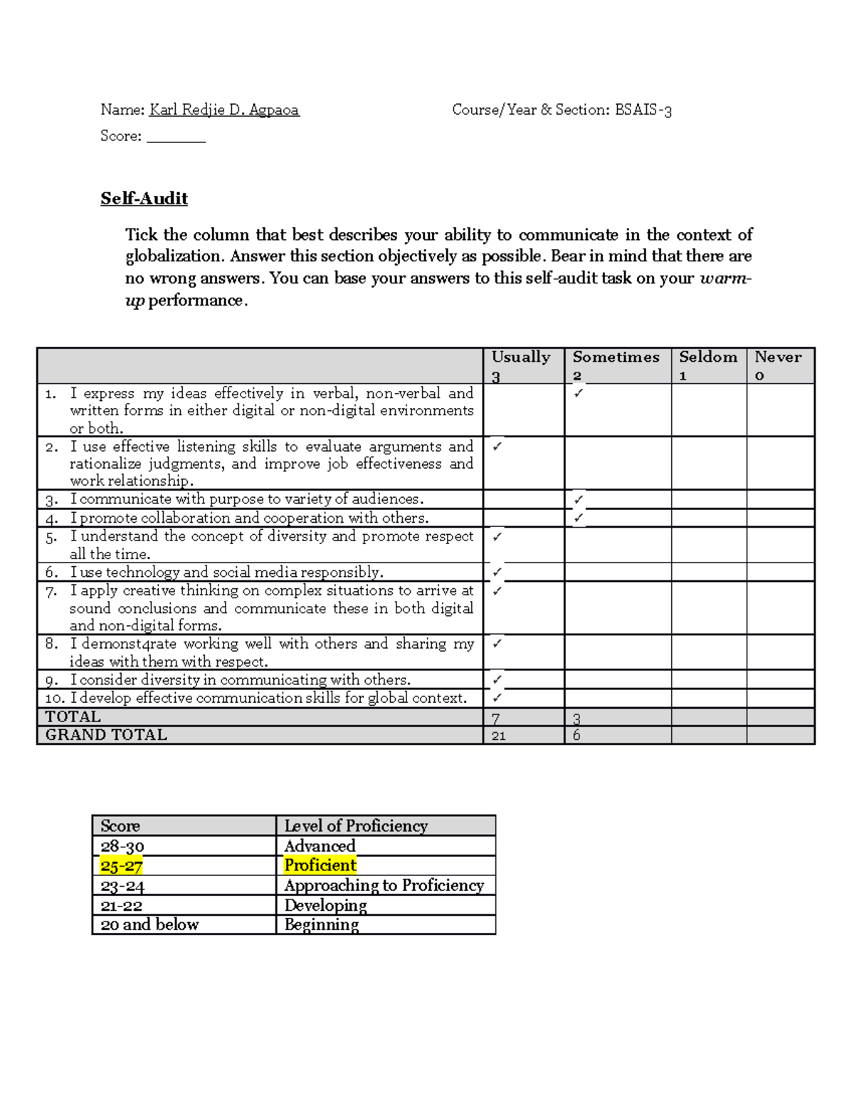Self-audit - 123 - Name: Karl Redjie D. Agpaoa Course/Year & Section ...