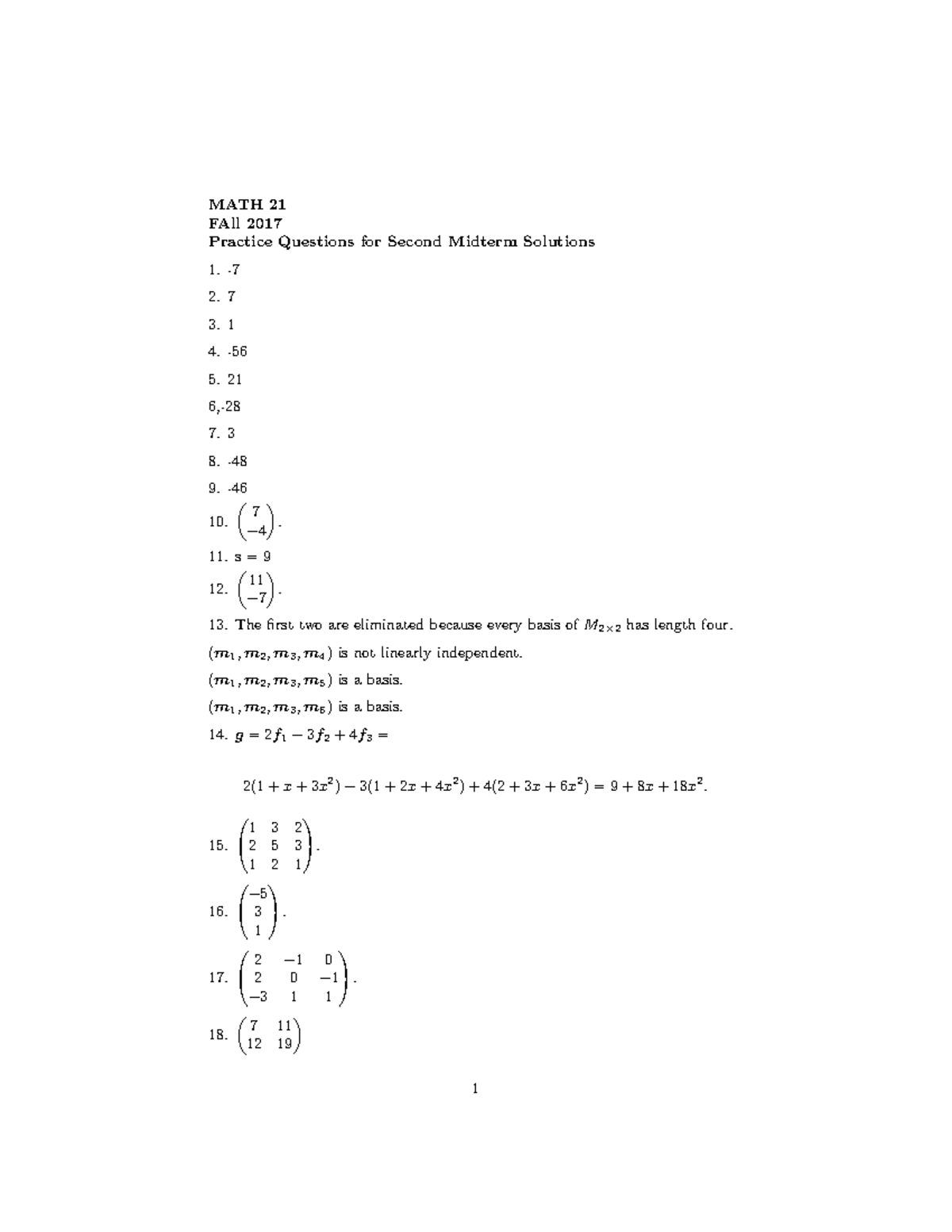 SM practice questions Solutions - MATH 21 FAll 2017 Practice Questions for Second Midterm ...
