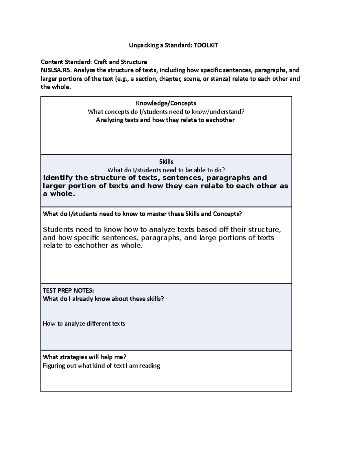Toolkit O - Unpacking a Standard: TOOLKIT Content Standard: Craft and ...