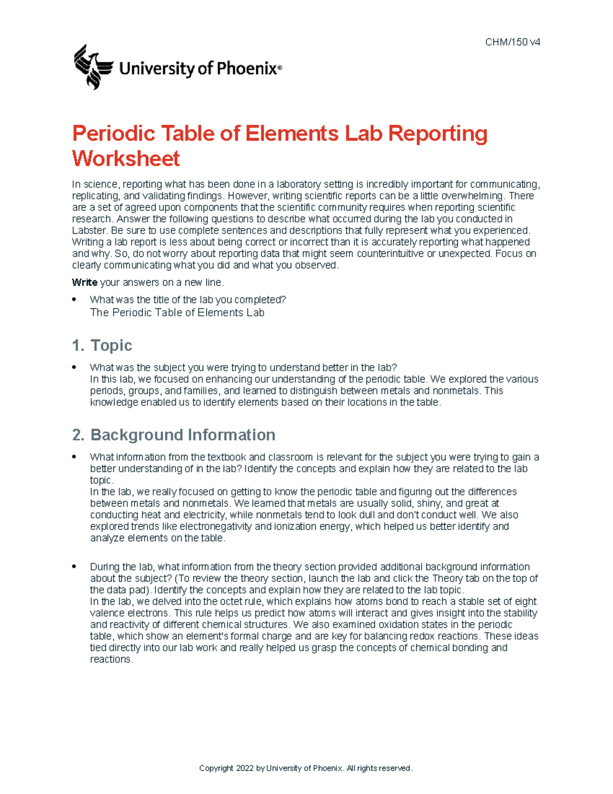 Chem WK3 Labreport - Wk 3 - Periodic Table of Elements Lab Report chem ...
